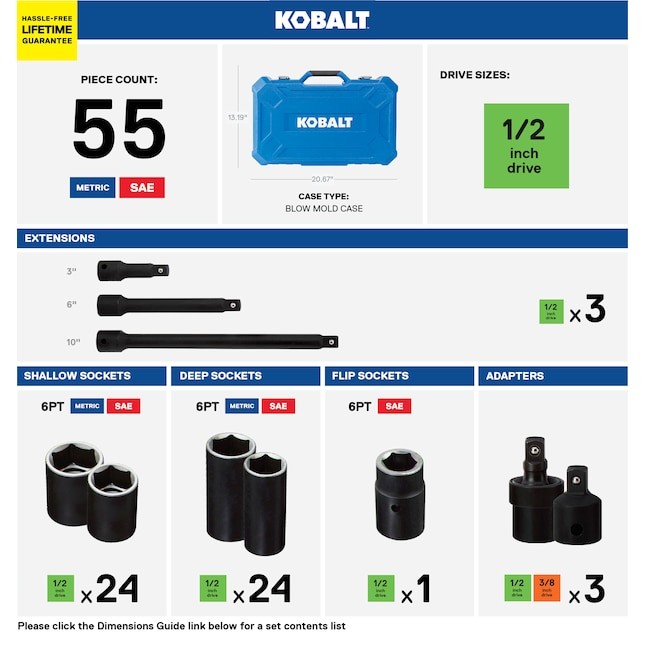 Kobalt 55-Piece Standard (SAE) and Metric 1/2-in Drive Set 6-point ...