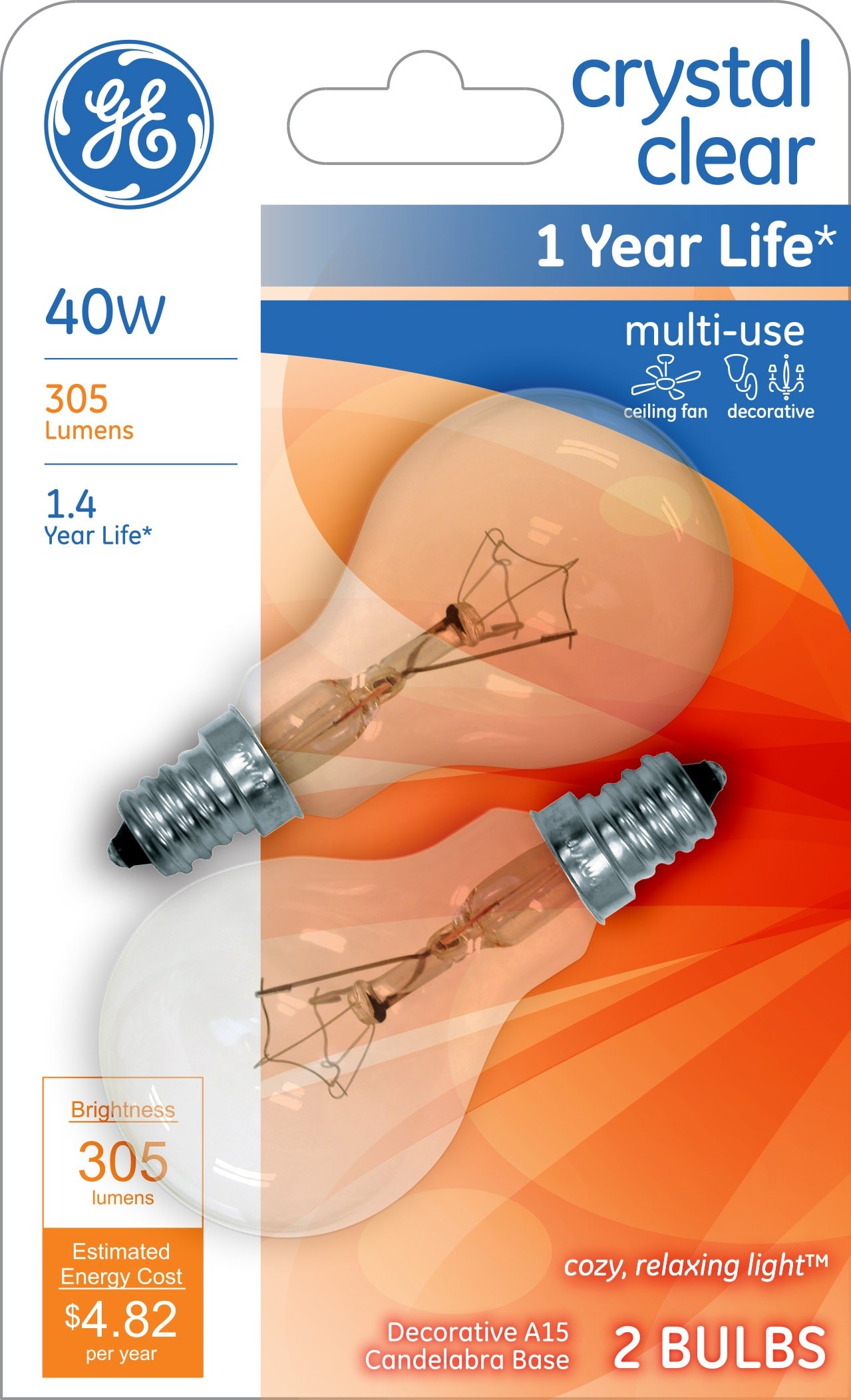 GE Classic 40-Watt EQ A15 Soft White Candelabra Base (e-12) Dimmable Incandescent General ...