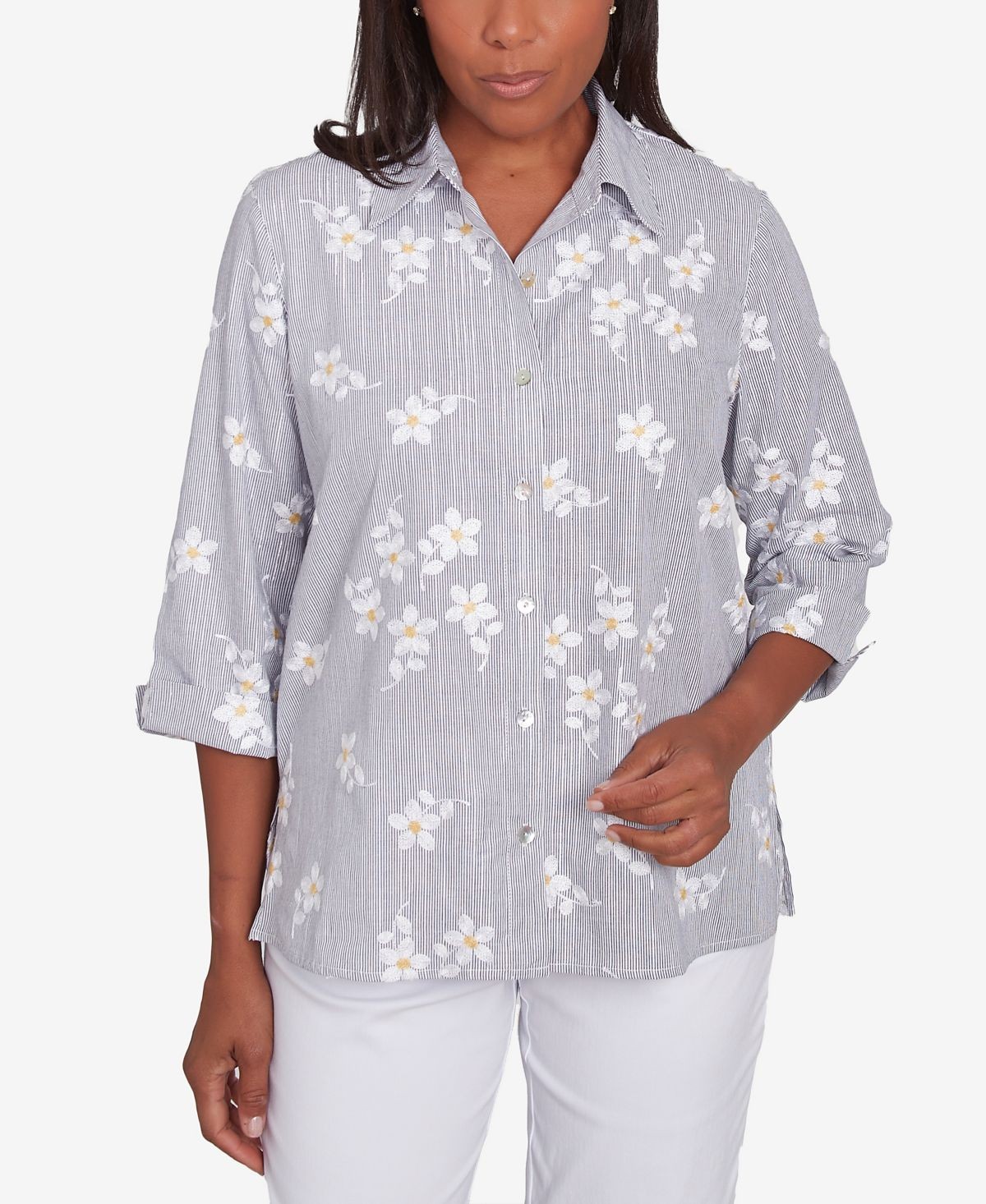 Petite Dress Code Flower Embroidered Button Down Striped Top Die besten ...