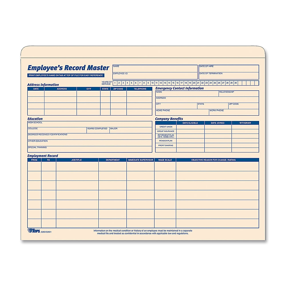 TOPS® Employee Record Master File Jackets, 11 3/4"" x 9 1/2"", Manila ...
