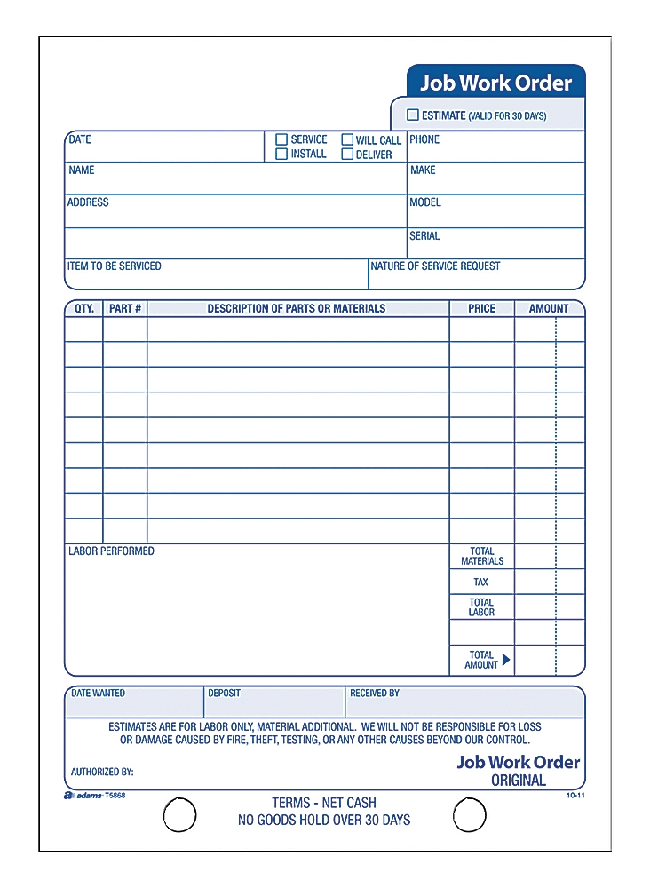Adams® Carbonless Job Work Order Book, 5 9/16"" x 8 7/16"", 3-Part ...