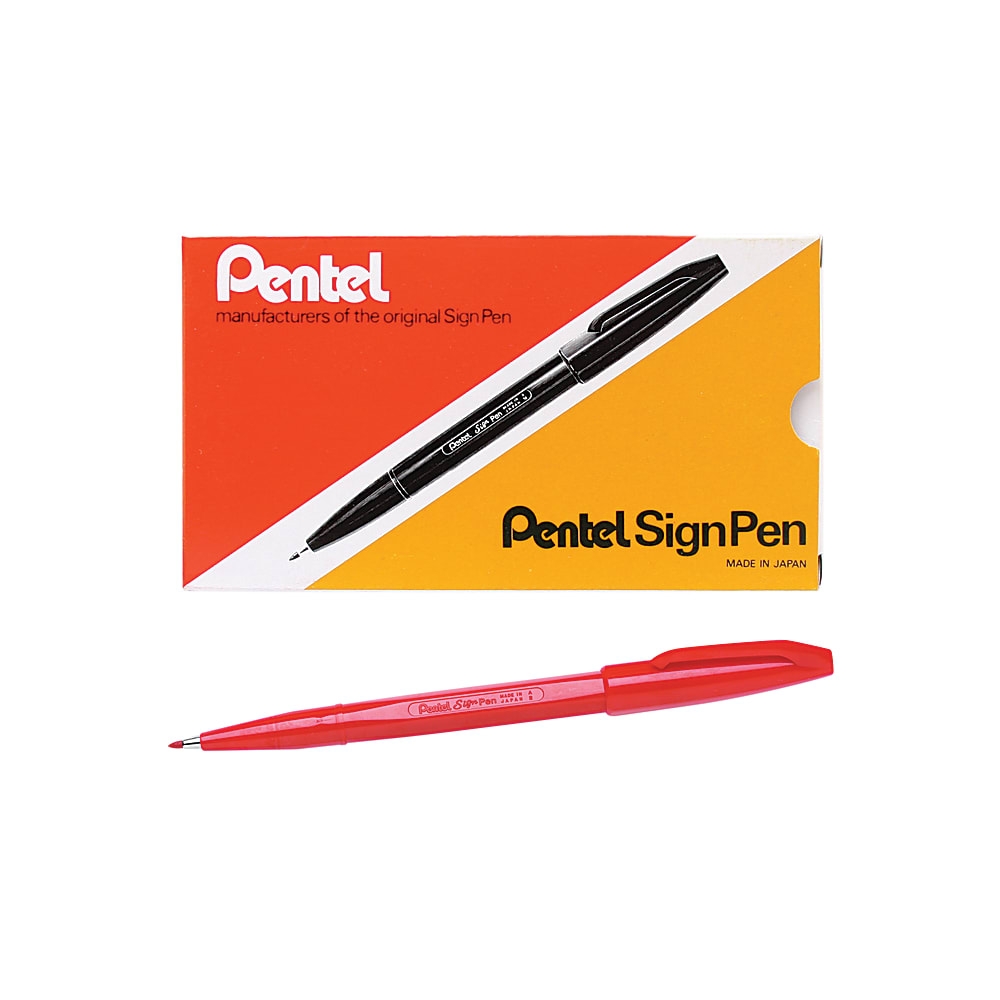 Pentel® Sign Pens®, Fine Point, 2.0 mm, Red Barrel, Red Ink, Pack Of 12 ...