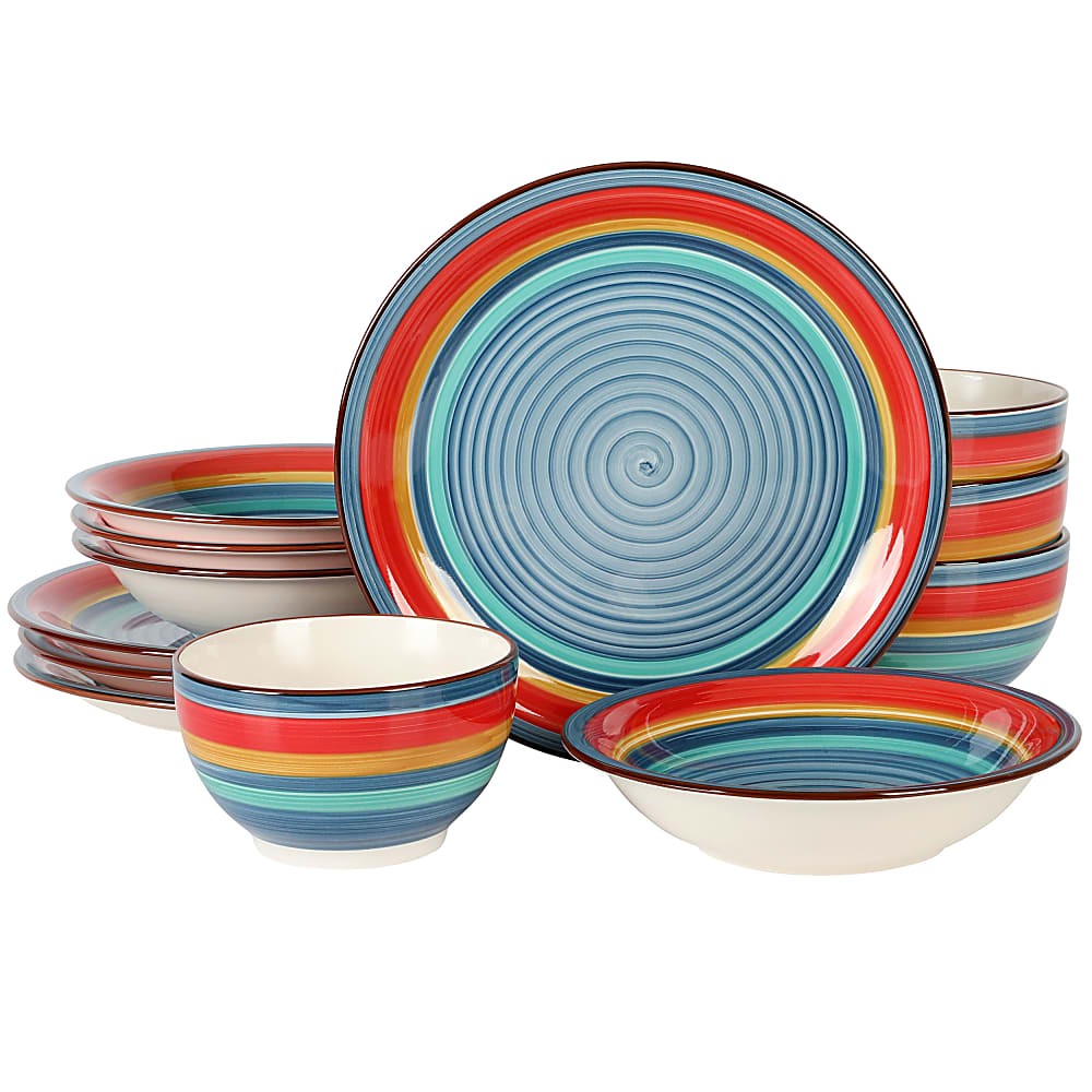 Gibson Home Rainbow 12-Piece Stoneware Dinnerware Set, Blue/Multicolor ...