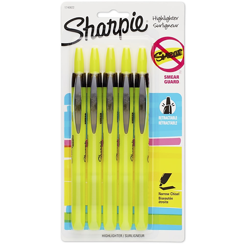 Sharpie® Retractable Highlighters, Narrow Chisel Tip, Yellow, 5 Count ...