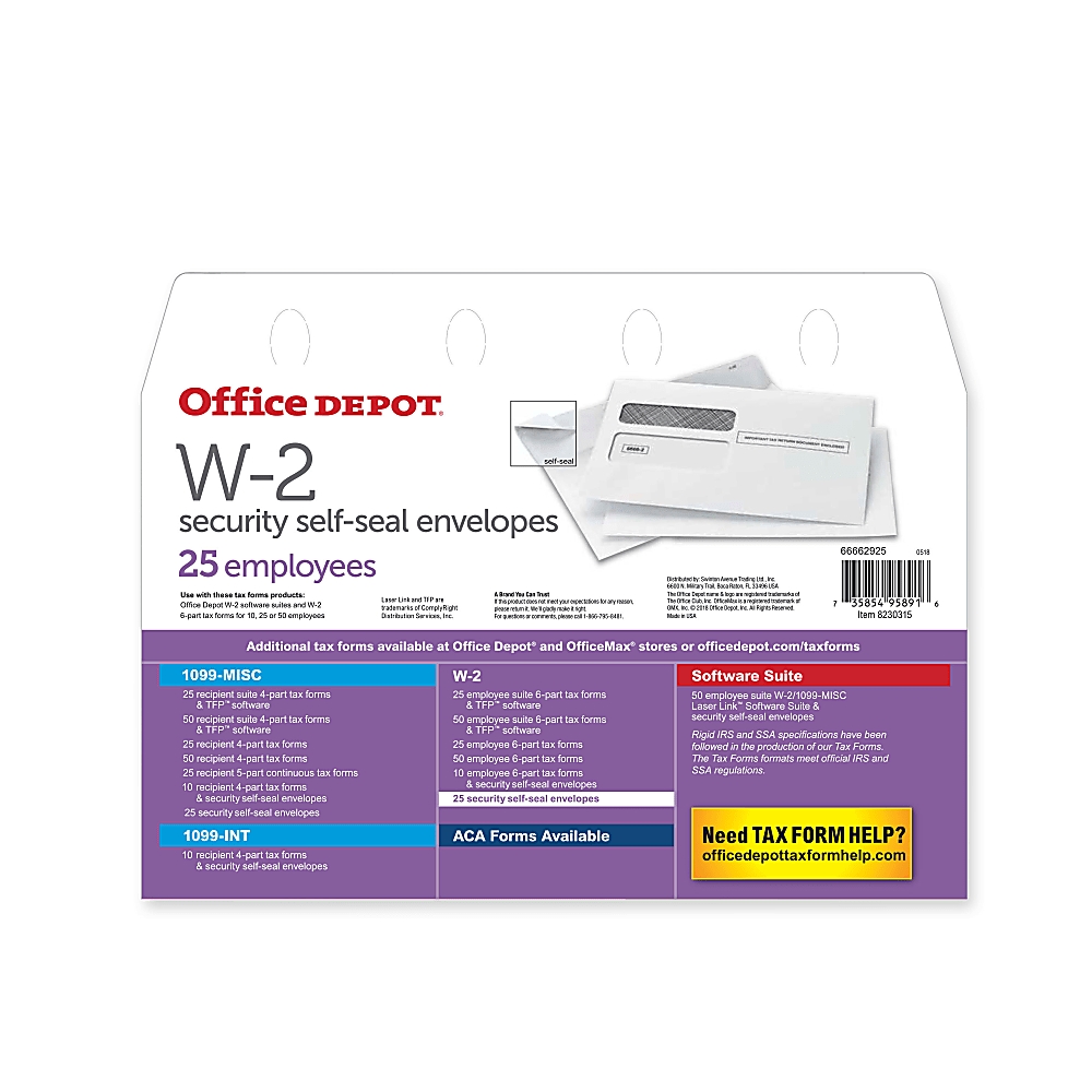 Office Depot Brand Double-Window Self-Seal Envelopes For W-2 Tax Forms ...