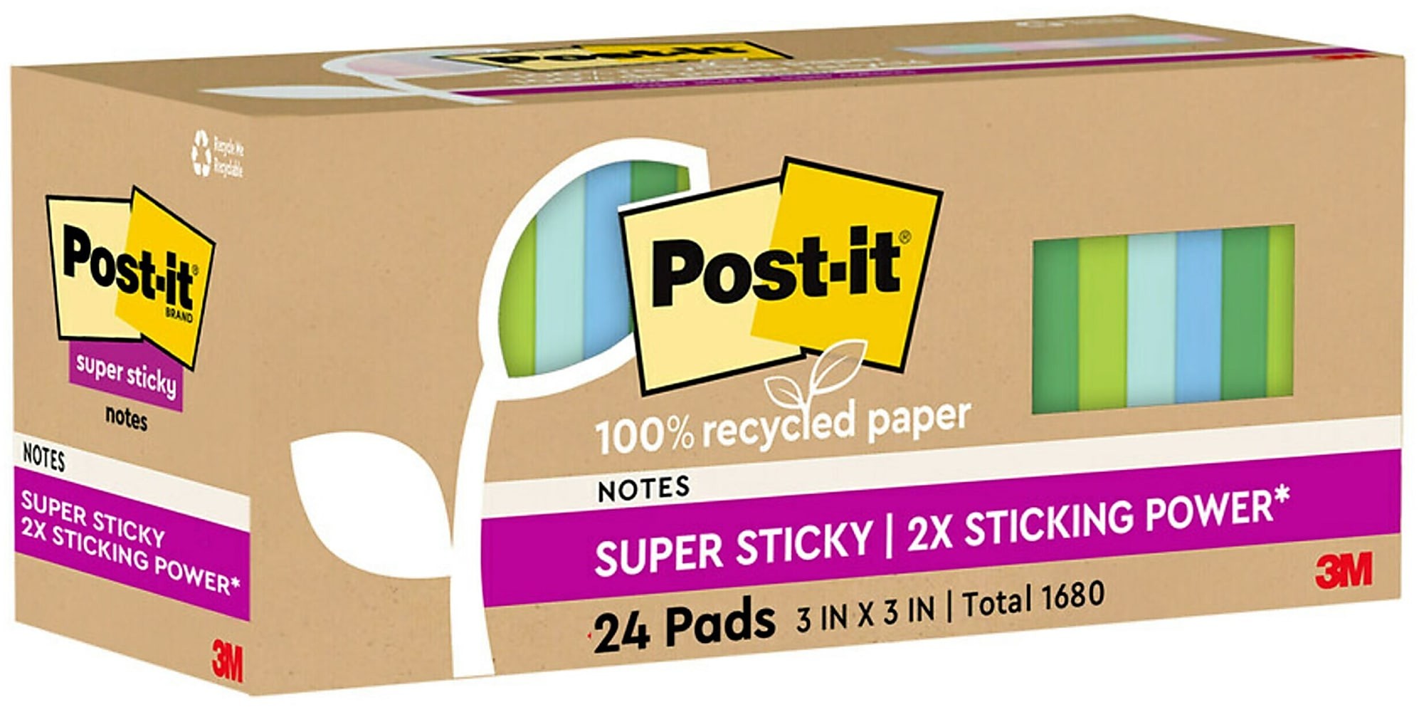 Post-it® Recycled Super Sticky Notes, 3 in x 3 in, 24 Pads, 70 Sheets ...