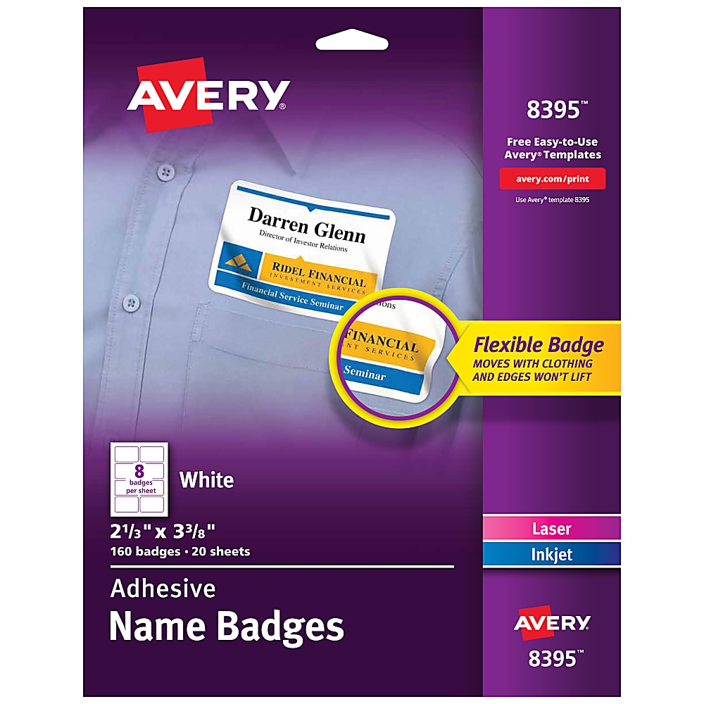 Avery Flexible Name Badge Labels, 2 1/3"" x 3 3/8"", White, Box Of 160 ...