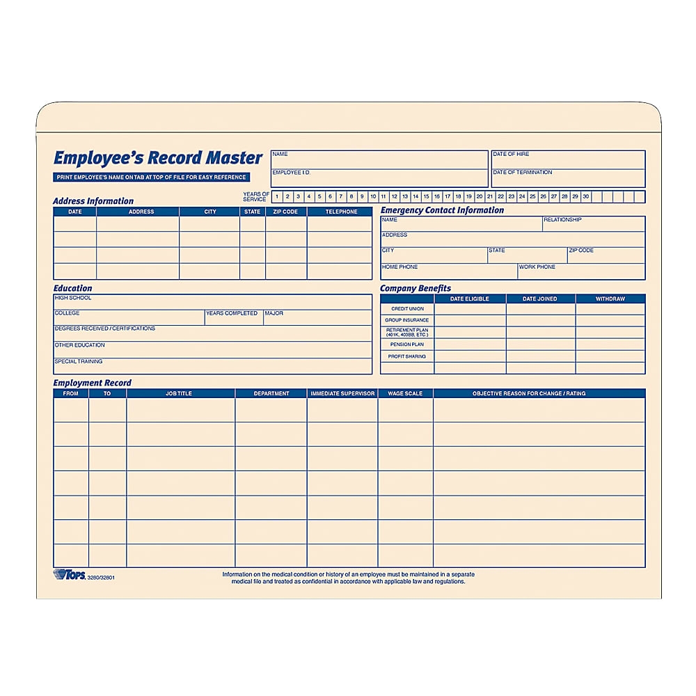 TOPS® Employee Record Master File Jackets, 11 3/4"" x 9 1/2"", Manila ...