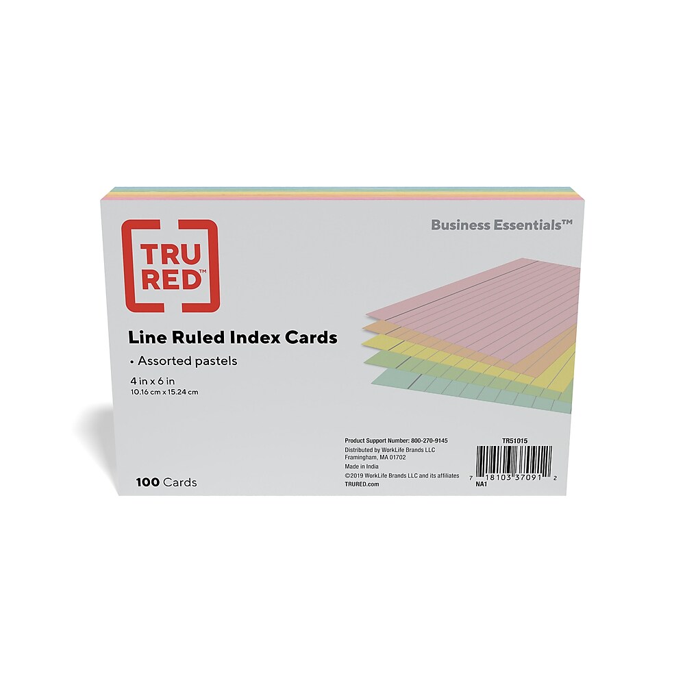 TRU RED™ 4"" x 6"" Index Cards, Lined, Assorted Colors, 100/Pack ...