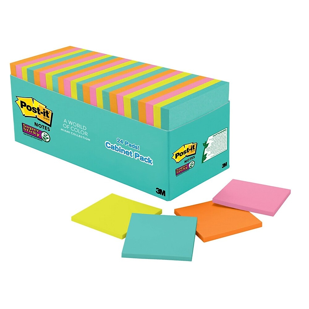 Post-it Super Sticky Notes, 3"" x 3"", Supernova Neons, 70 Sheets/Pad ...