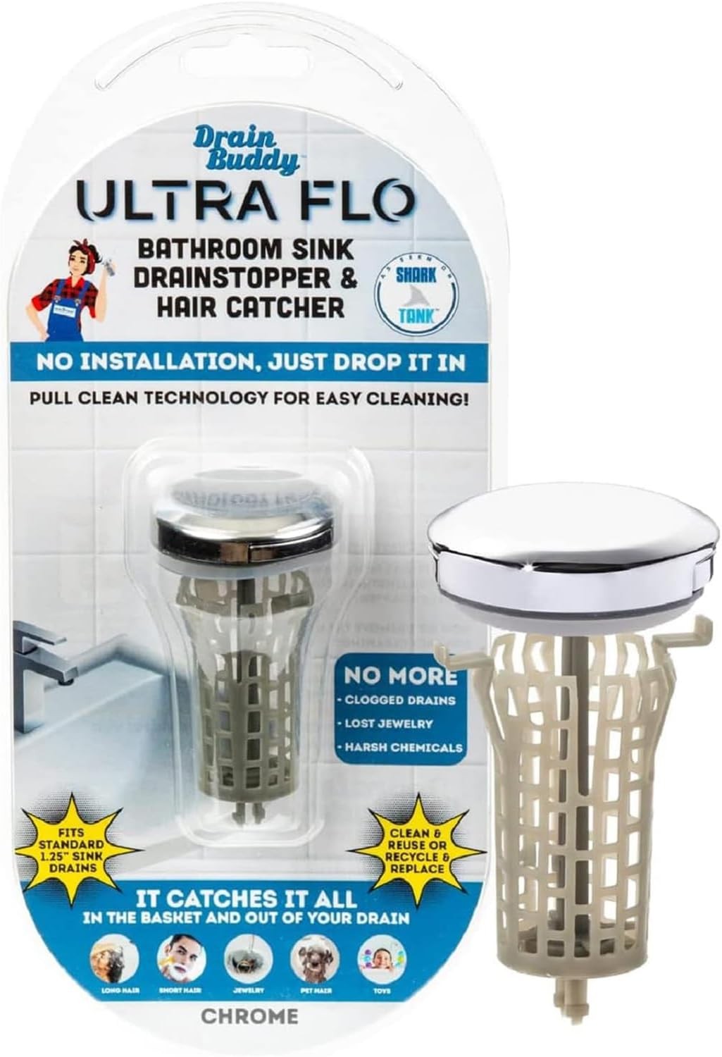 Drain Buddy Ultra Flo- 2 in 1 Bathroom Sink Stopper & Hair Catcher W ...