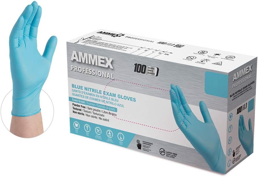 Ammex Blue Nitrile Disposable Exam-Grade Gloves, 3 Mil, Latex & Powder ...