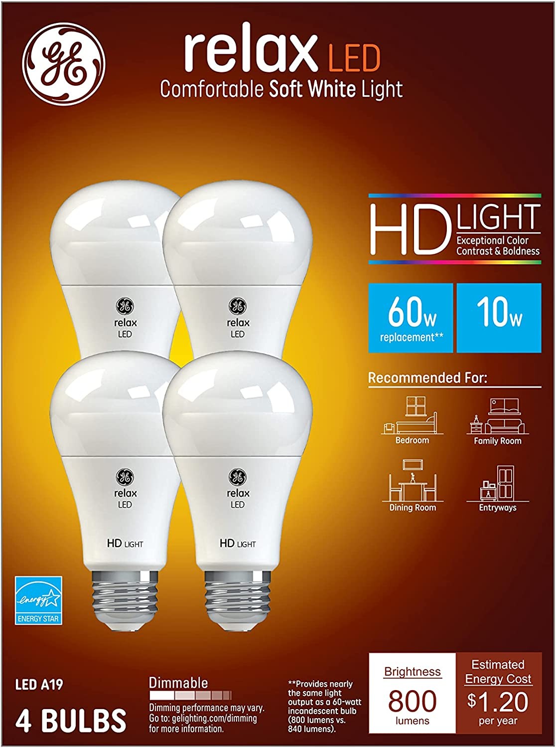 GE Lighting Relax LED Light Bulbs, 60 Watt Eqv, Soft White HD Light ...