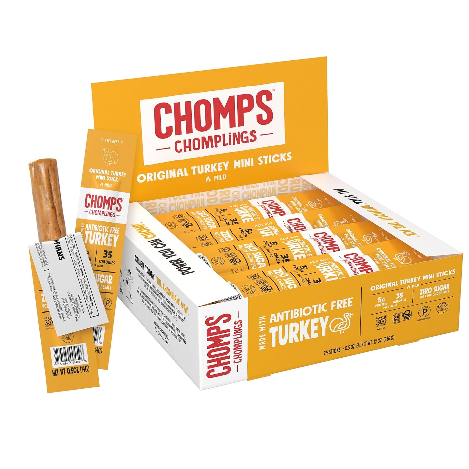 CHOMPS Snack Size Original Turkey Jerky Meat Snack Sticks, ABF Turkey ...