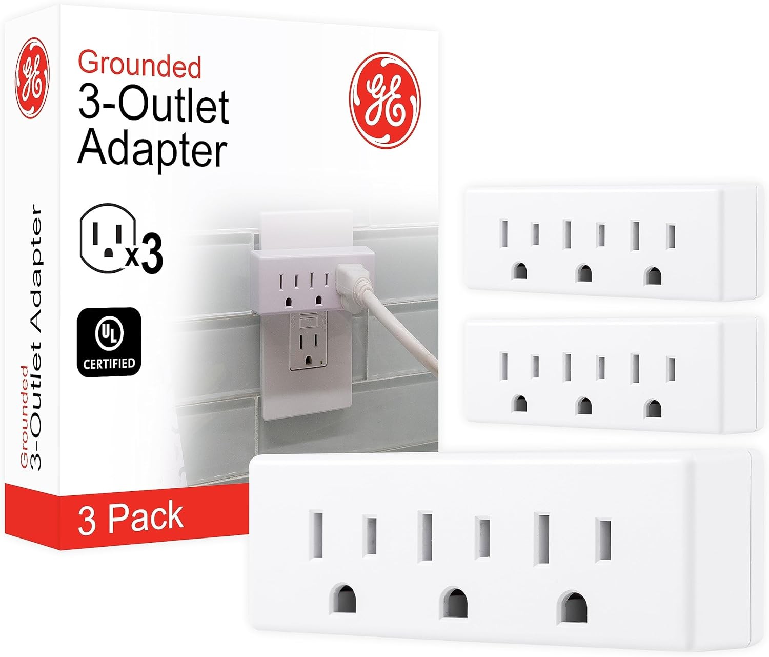 GE 3-Outlet Extender, 3 Pack, Grounded Wall Tap, 3-Prong, Multiple Plug ...