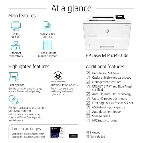 HP LaserJet Pro M501dn Monochrome Printer with built-in Ethernet & 2-sided printing (J8H61A ...
