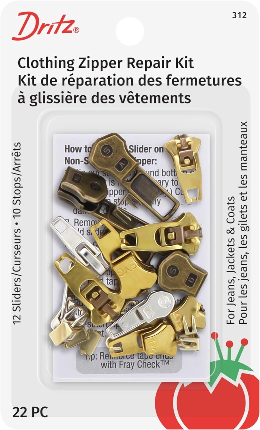 Dritz Clothing Zipper Repair Kit, 22 Count of Assorted Sliders & Stops ...