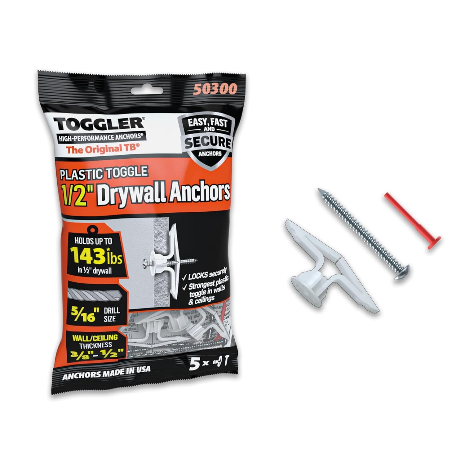 TOGGLER Toggle TB Residential Drywall Anchor with Screws, Polypropylene ...