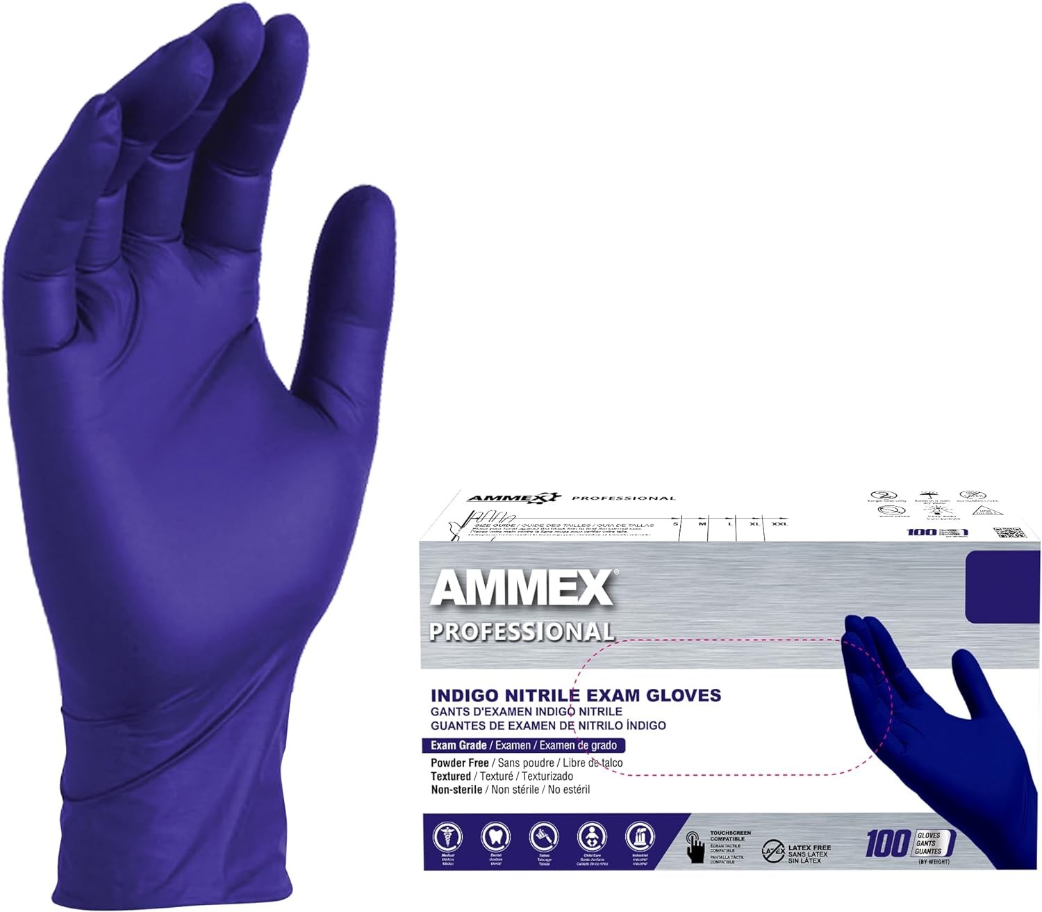 Ammex Indigo Nitrile Exam Gloves, 3 Mil, Latex Free, Powder Free ...