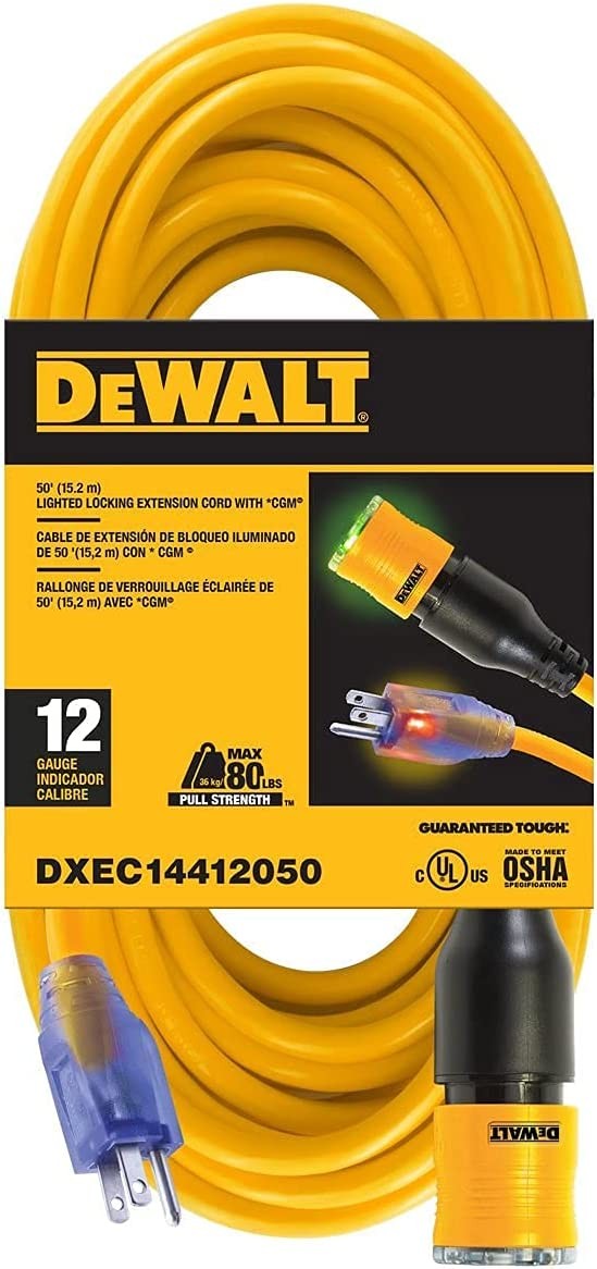 DEWALT 50 Foot 12/3 SJTW Click-to-Lock Lighted Extension Cord - Heavy ...