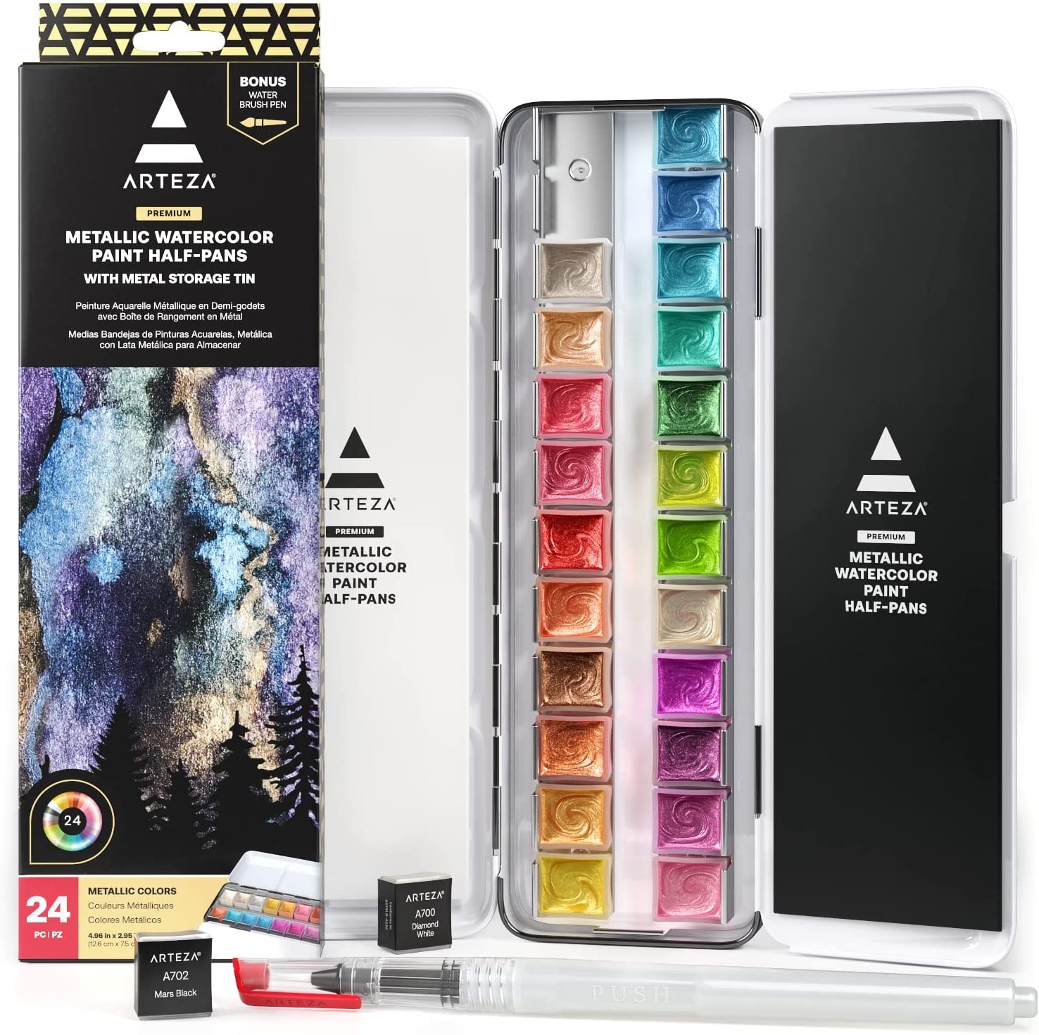 ARTEZA Metallic Watercolor Paint Set 24 Colors, Shimmering Watercolors ...