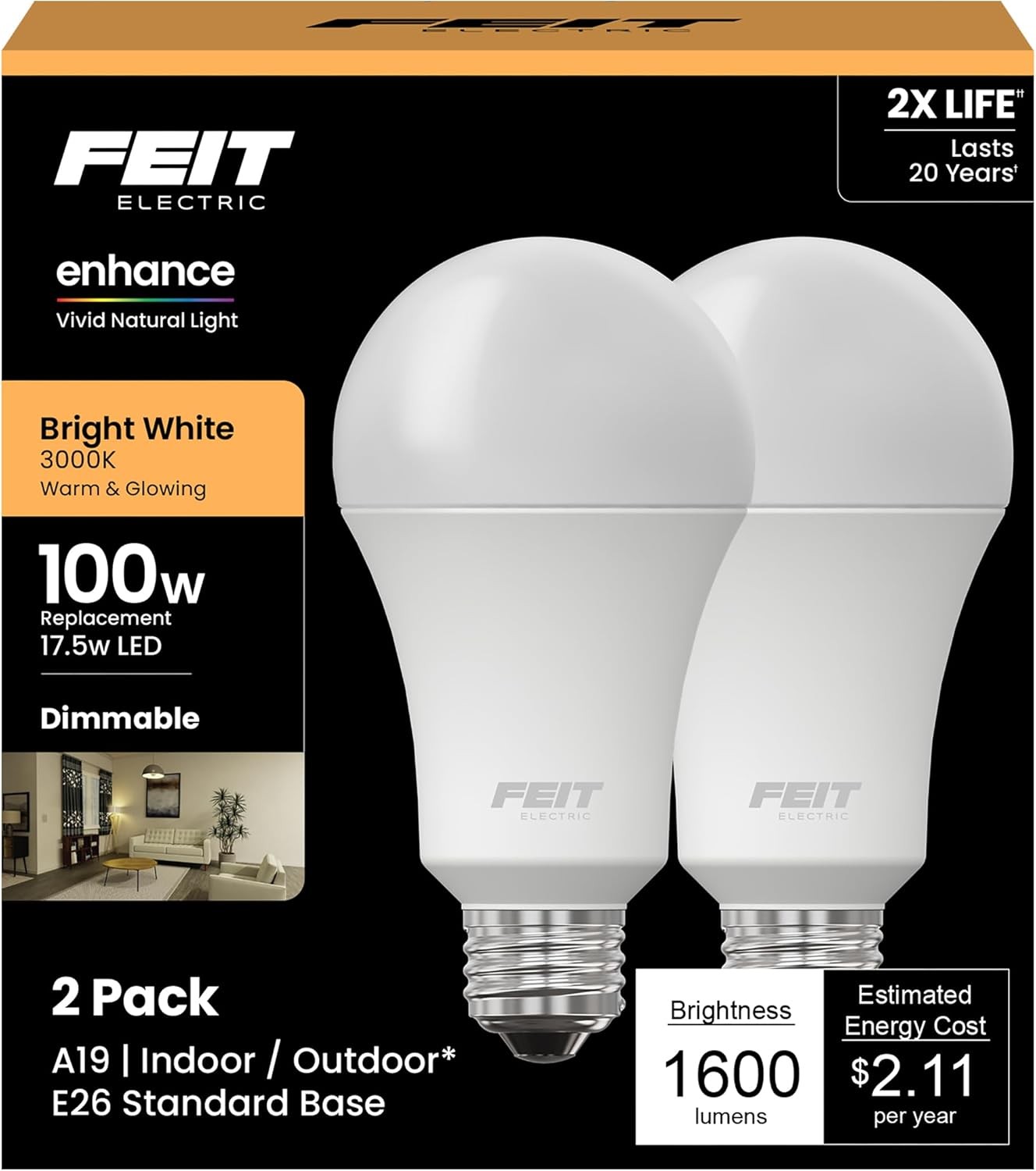 Feit Electric A19 100W Equivalent LED Light Bulbs, Dimmable, 3000k ...