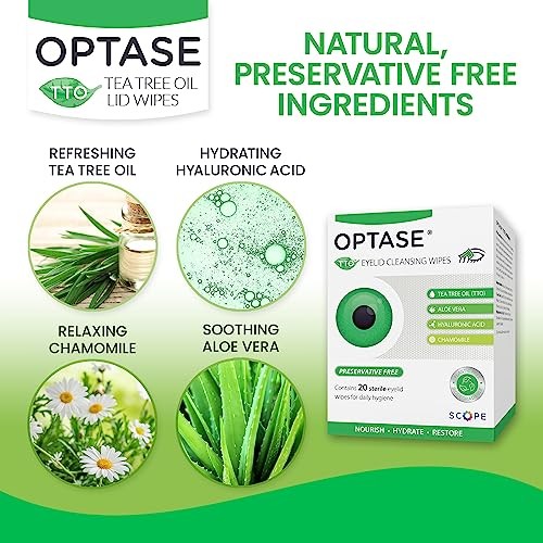 OPTASE TTO Eyelid Cleansing Wipes, Box of 20 - Individually Wrapped Eyelid Wipes With Tea Tree ...