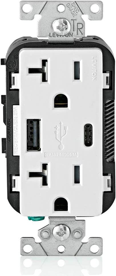 Leviton T5833-W 20-Amp Type-C USB Charger/Tamper Resistant Receptacle ...