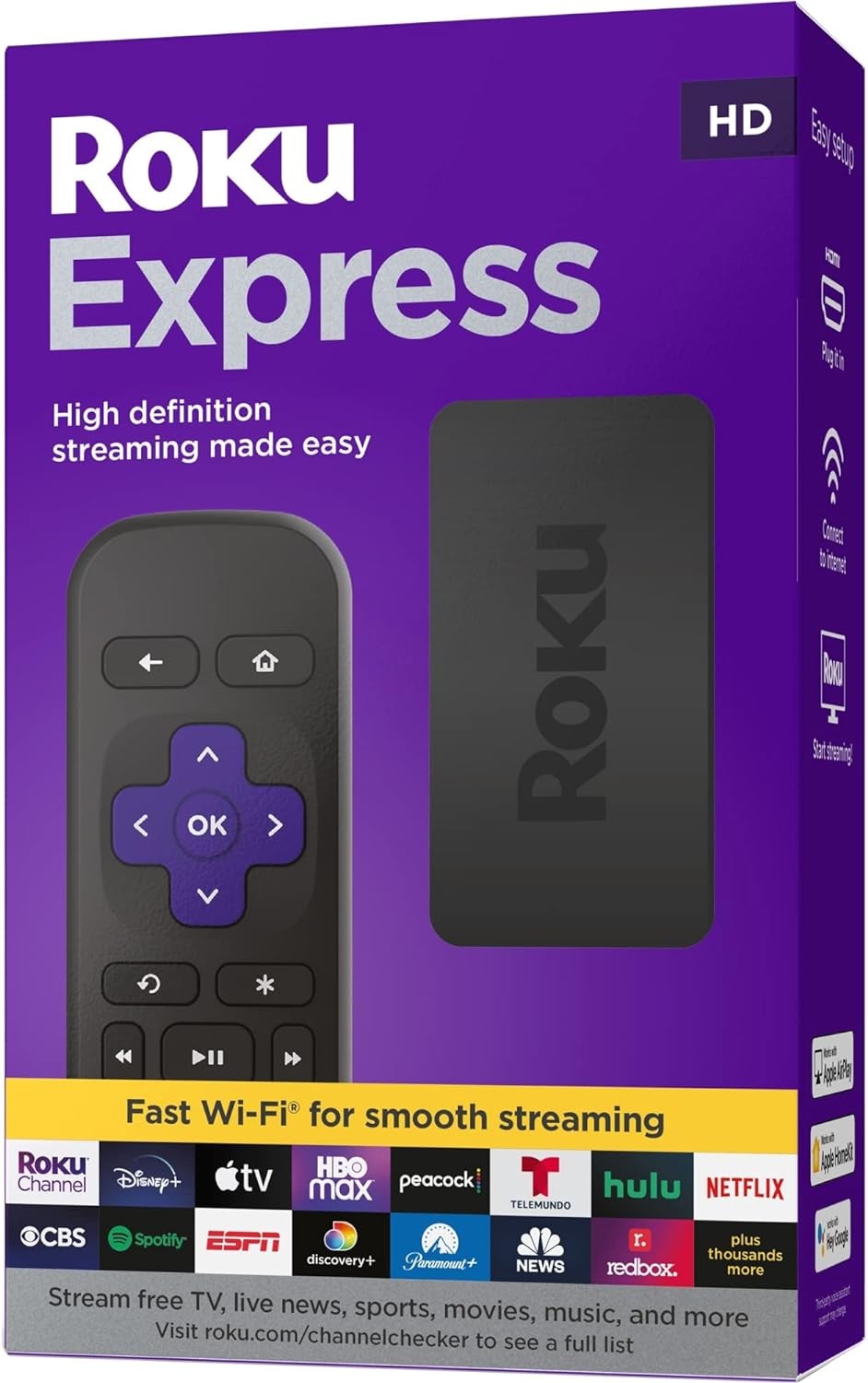 Roku Express | HD Roku Streaming Device with Standard Remote (no TV controls), Free & Live TV ...