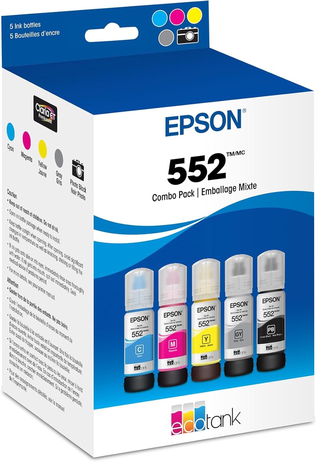 EPSON 552 EcoTank Ink Ultra-high Capacity Bottle Five Color Combo Pack ...