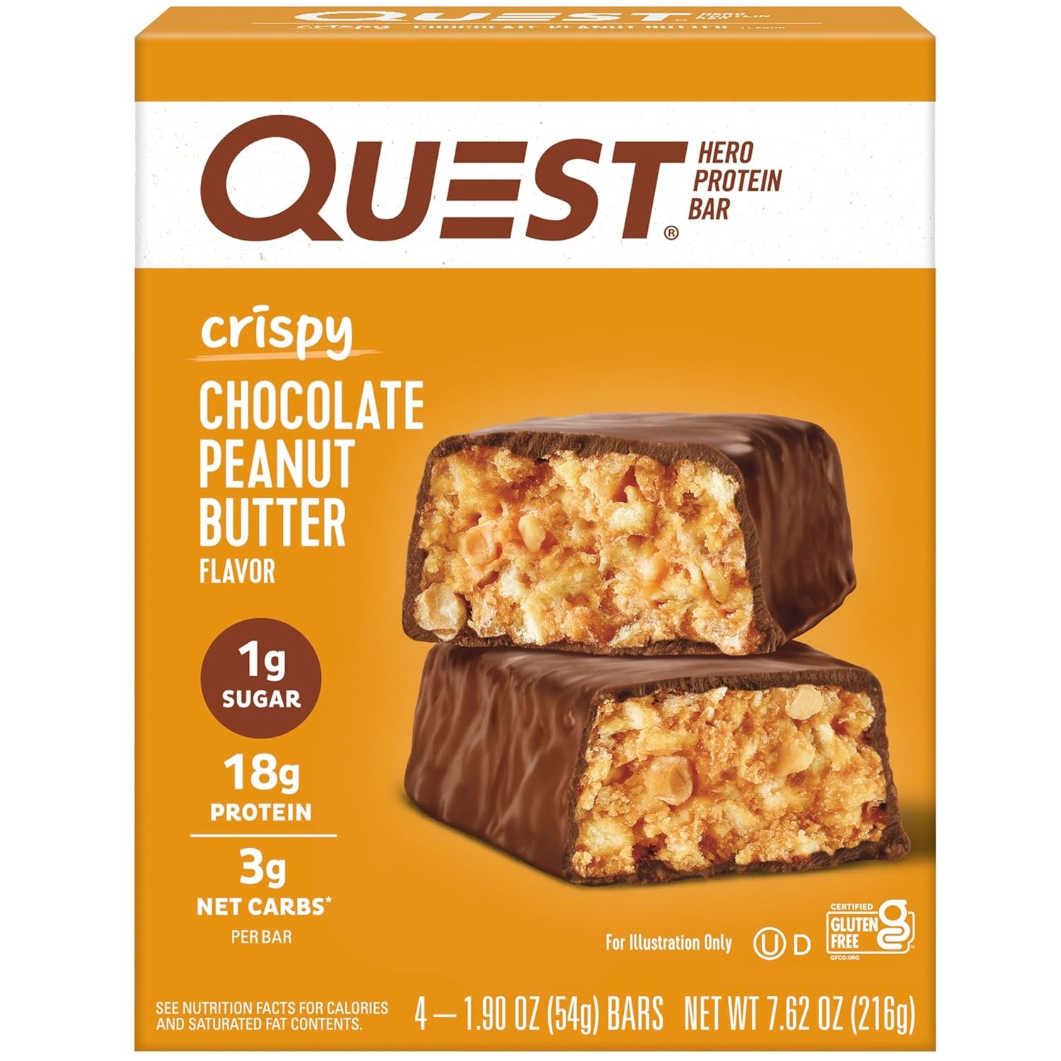 Quest Nutrition Crispy Chocolate Peanut Butter Hero Protein Bar, 18g Protein, 1g Sugar, 3g Net ...