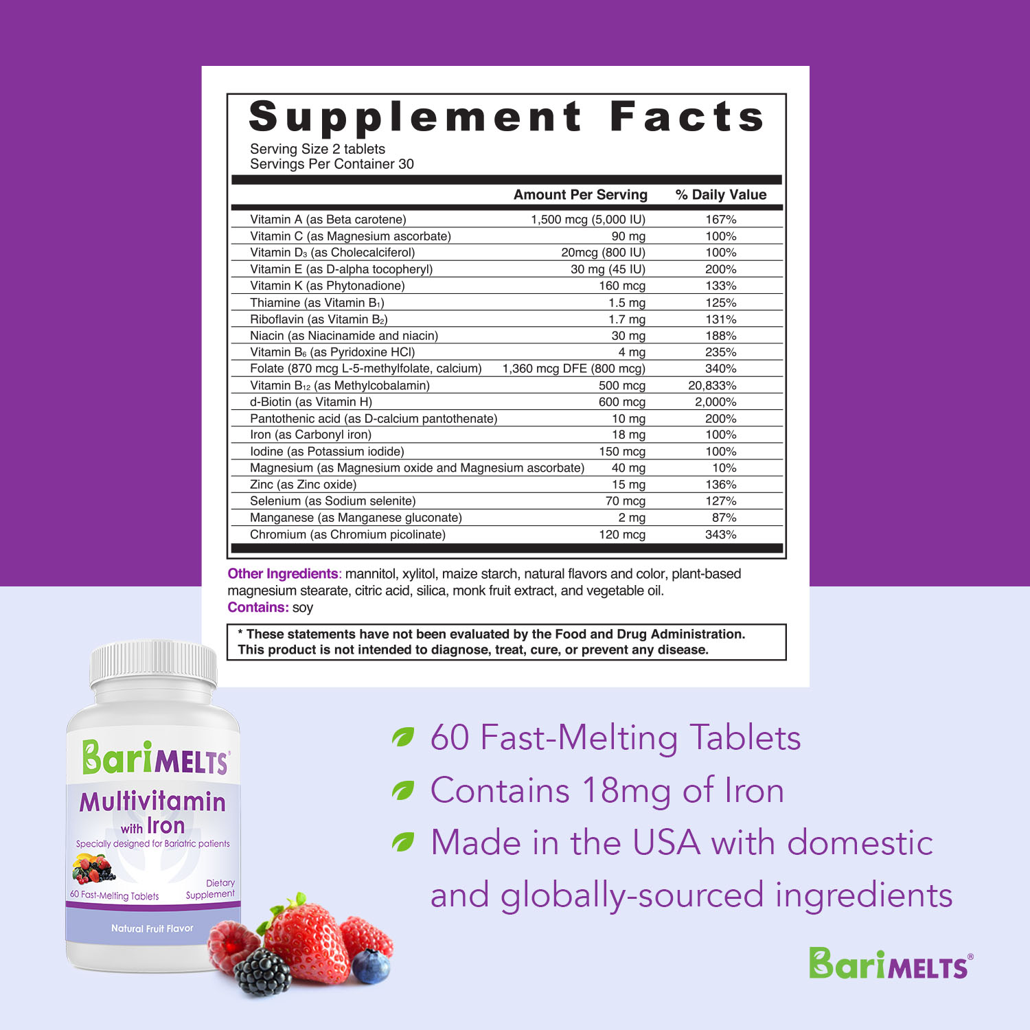 BariMelts Multivitamin with Iron, Dissolvable Bariatric Vitamins Best ...