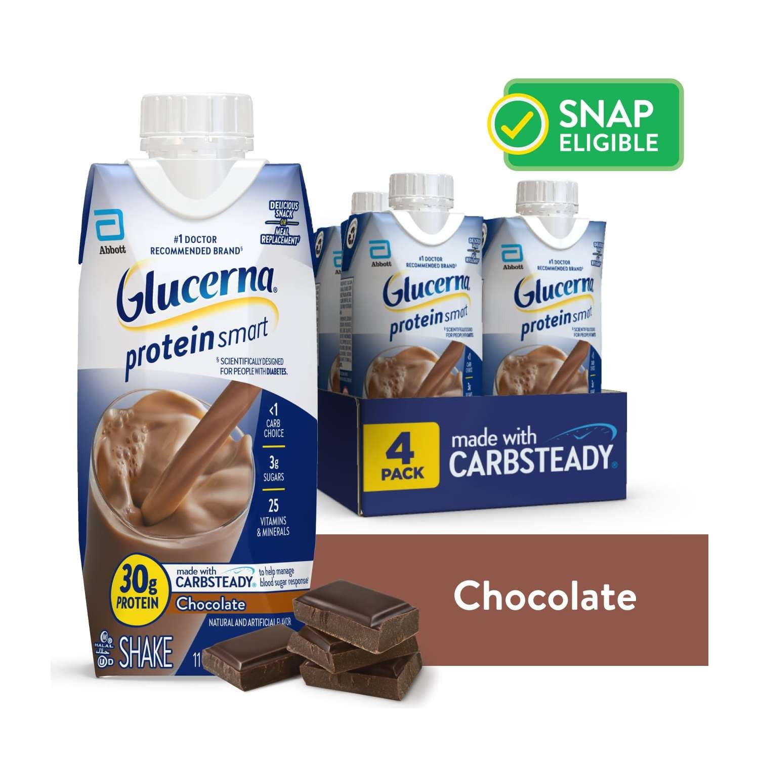 Glucerna Protein Smart Diabetic Shake, Chocolate, 11 fl oz carton, 4 ...