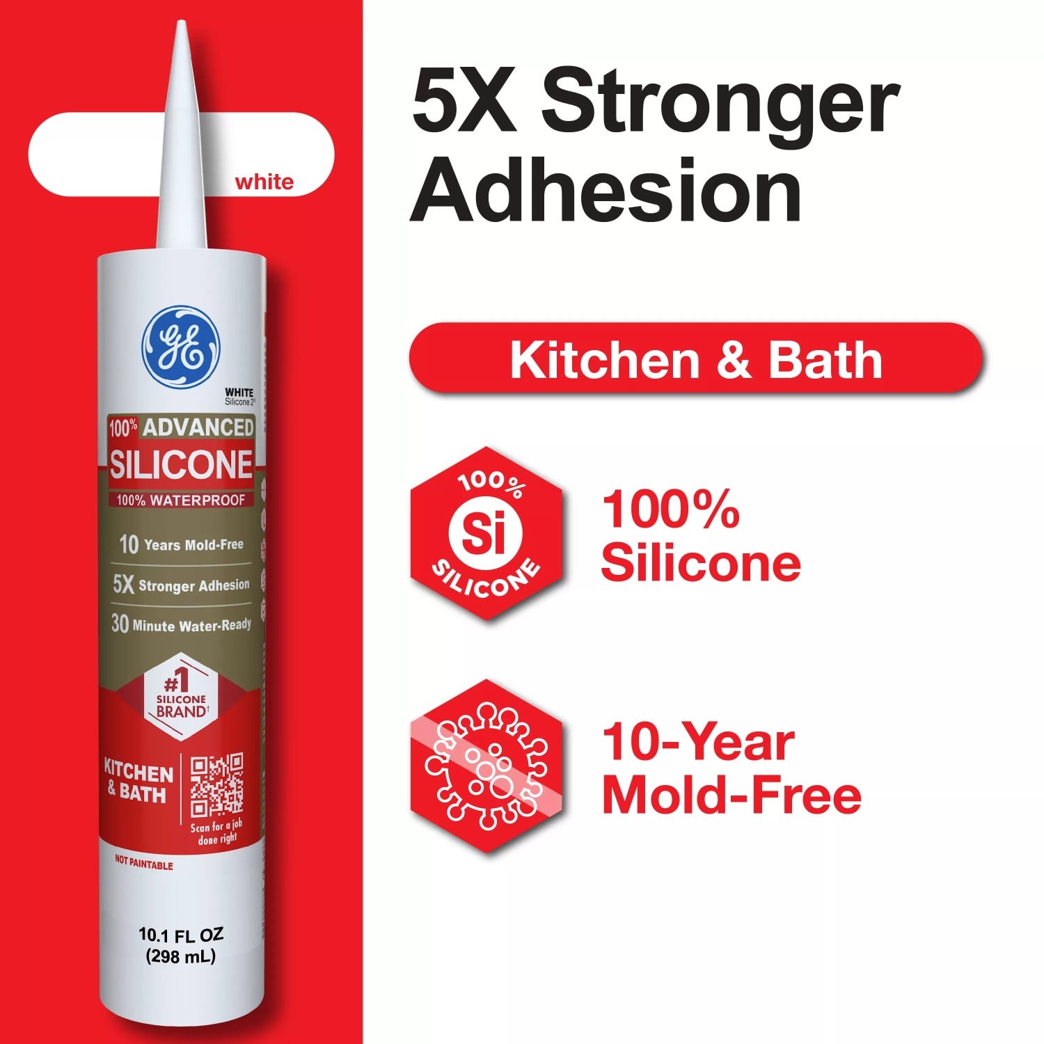 GE Advanced Silicone Kitchen & Bath Sealant, Pack of 1, White 10.1 fl ...
