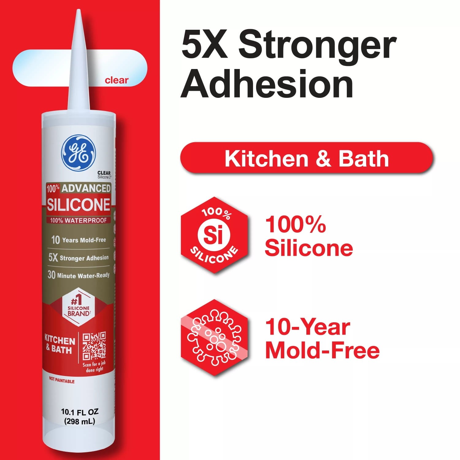 GE Advanced Silicone Kitchen & Bath Sealant, Pack of 1, Clear 10.1 fl ...