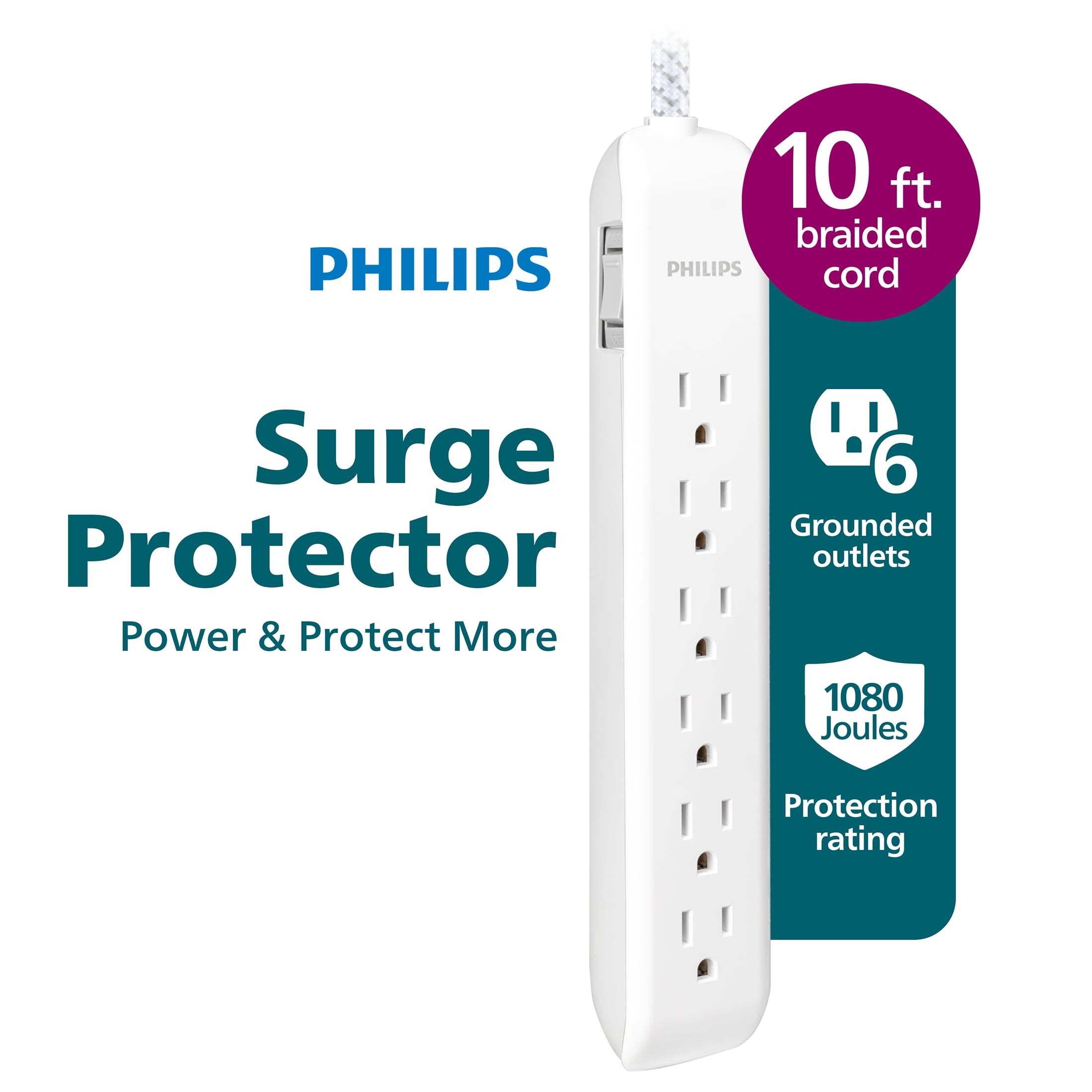 Philips 6-Outlet Surge Protector, 10ft Braided Cord, 1080J, White Deals ...