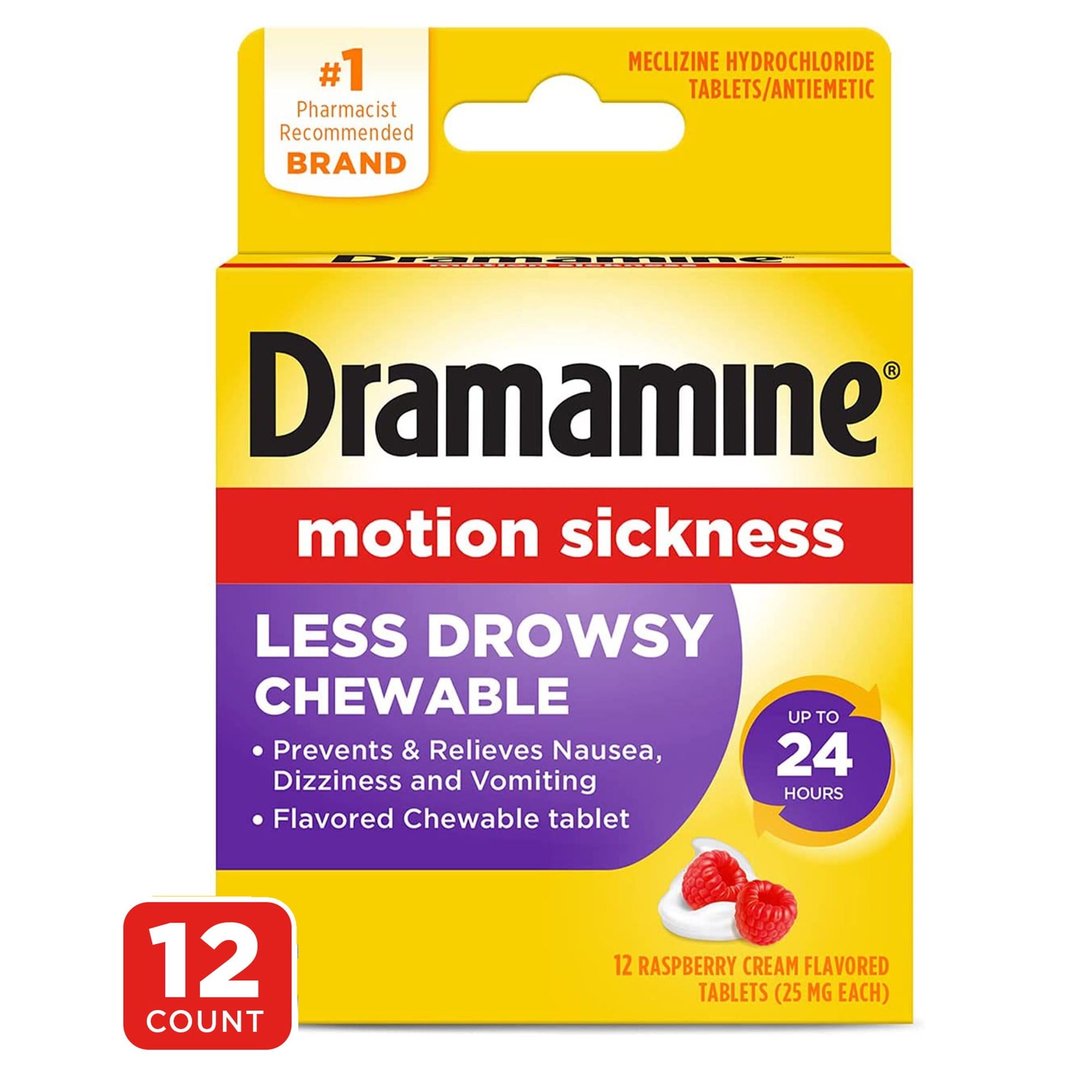 Dramamine Chewable Less Drowsy, Motion Sickness Relief, Raspberry Cream ...