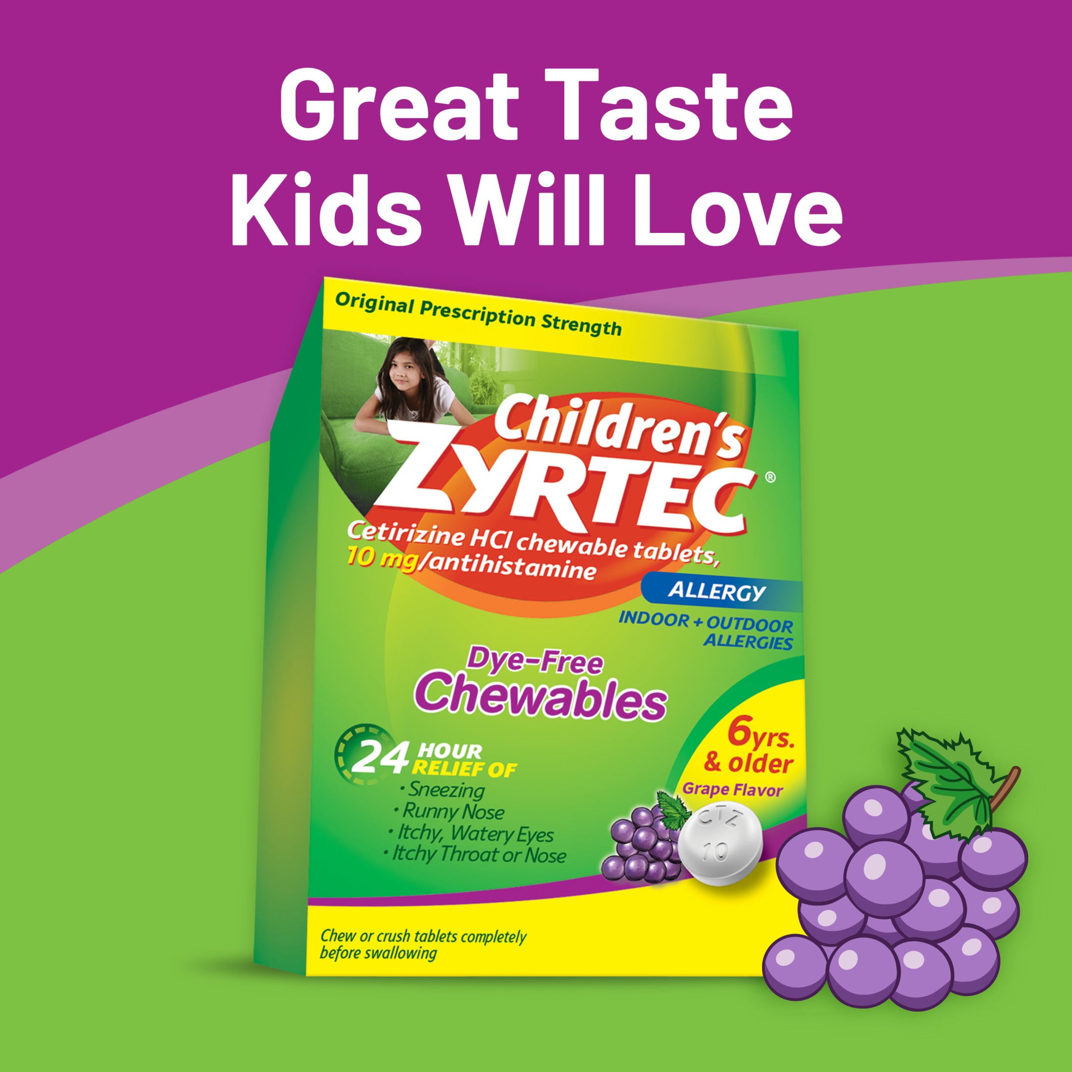 Zyrtec 24 Hour Children's Allergy Chewable Tablets, Grape, 24 ct Best ...