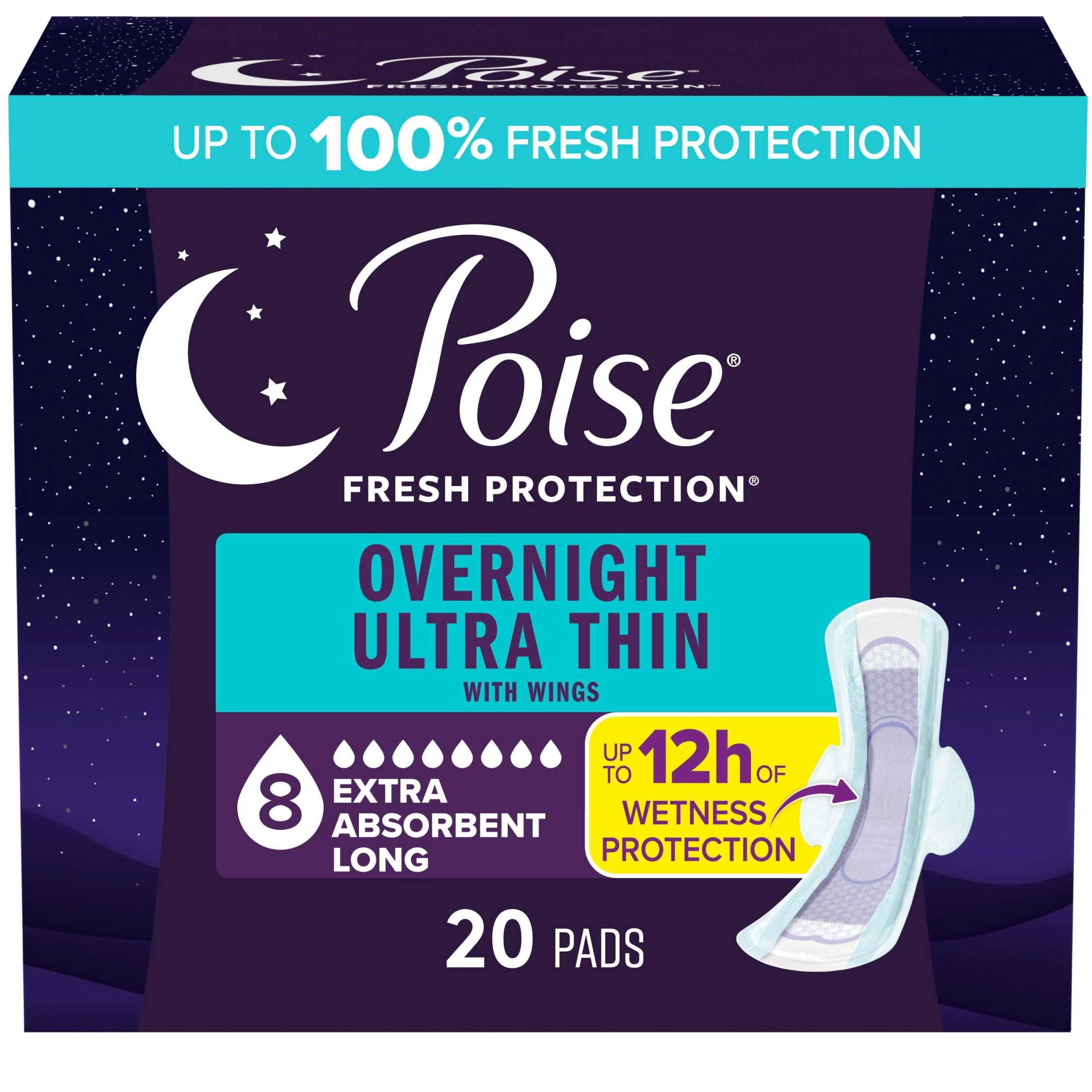 Poise Overnight Ultra Thin Incontinence Pads with Wings, 8 Drop Extra ...