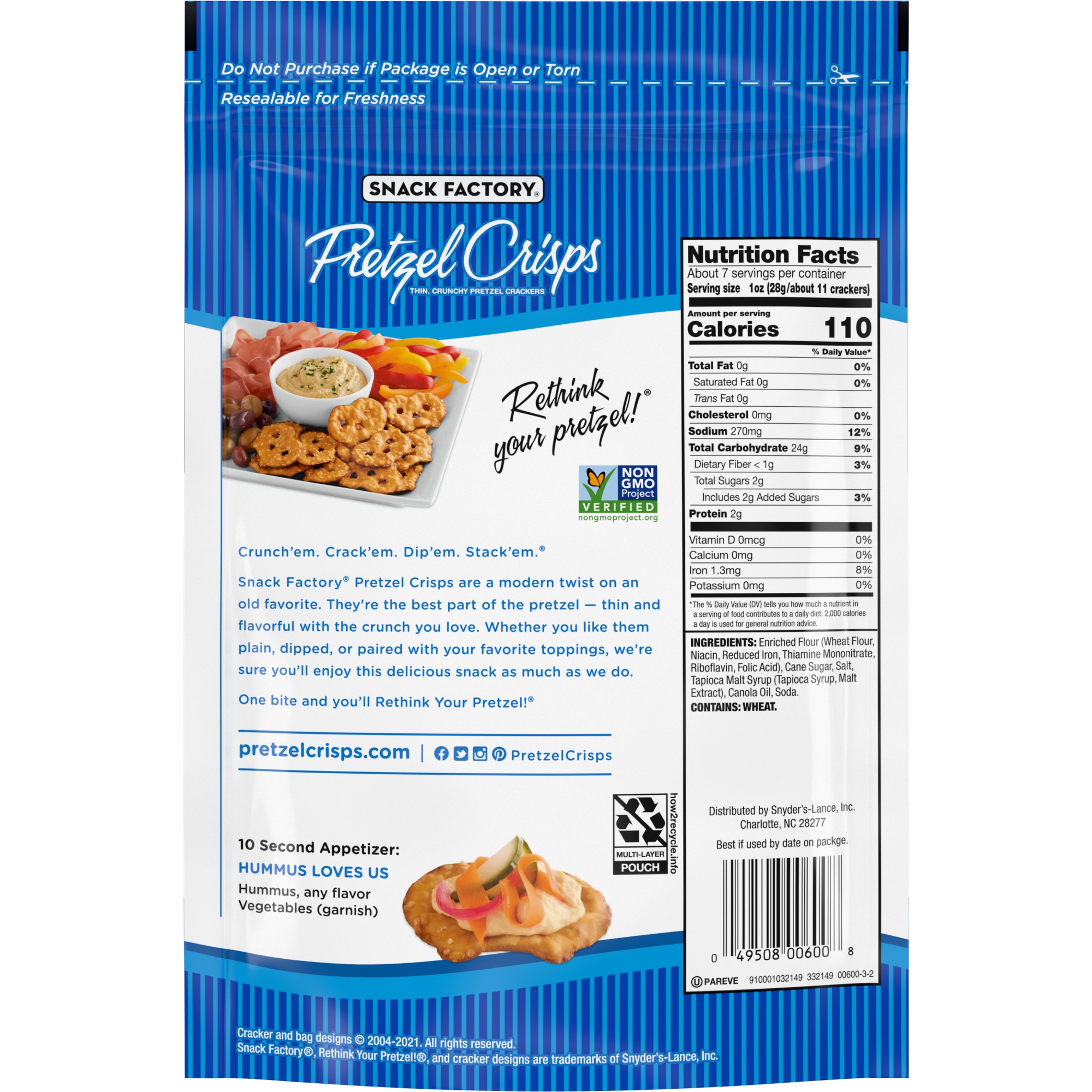 Snack Factory Original Pretzel Crisps, Non-GMO, 7.2 oz Resealable Bag ...