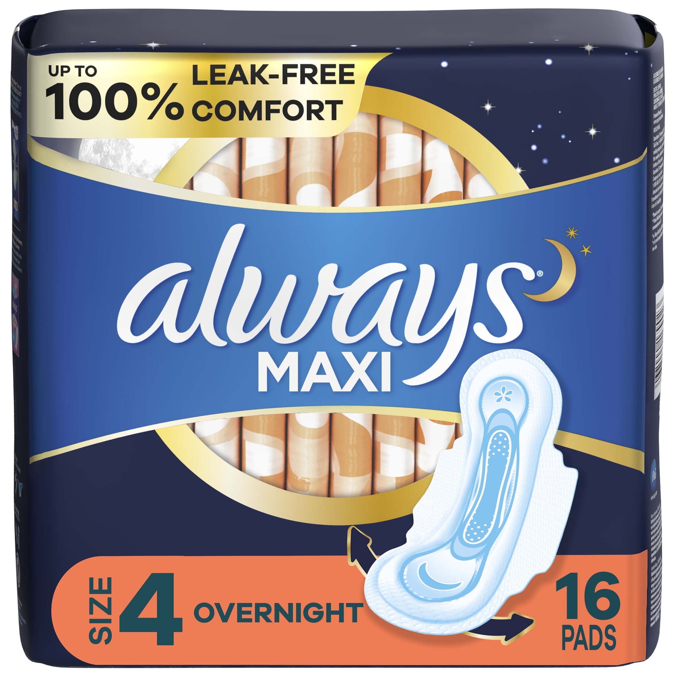 Always Maxi Overnight Pads with Wings, Size 4, Overnight Absorbency, 16 ...