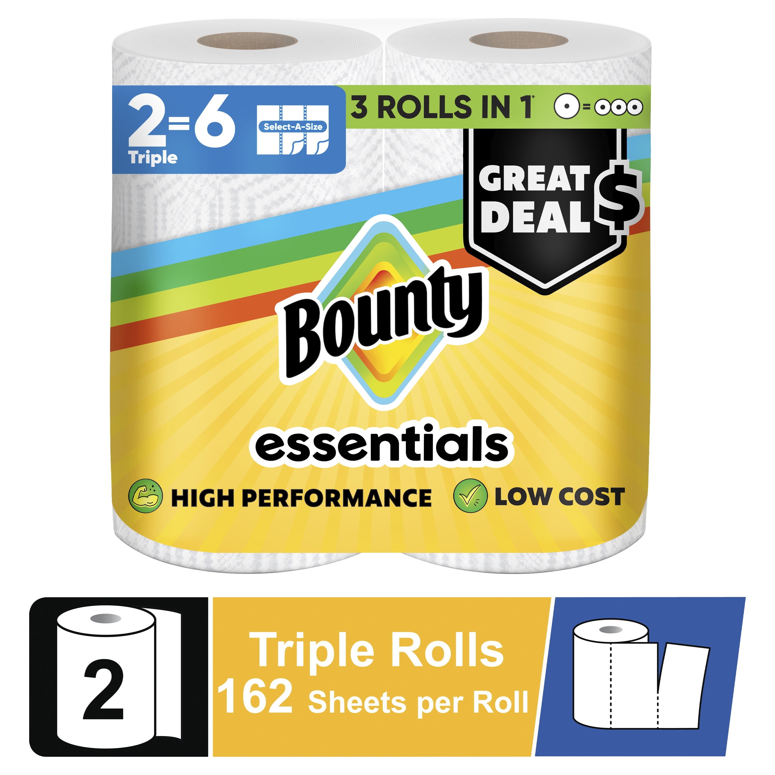 Bounty Essentials Paper Towels Select-A-Size, 2 Triple Rolls, White ...