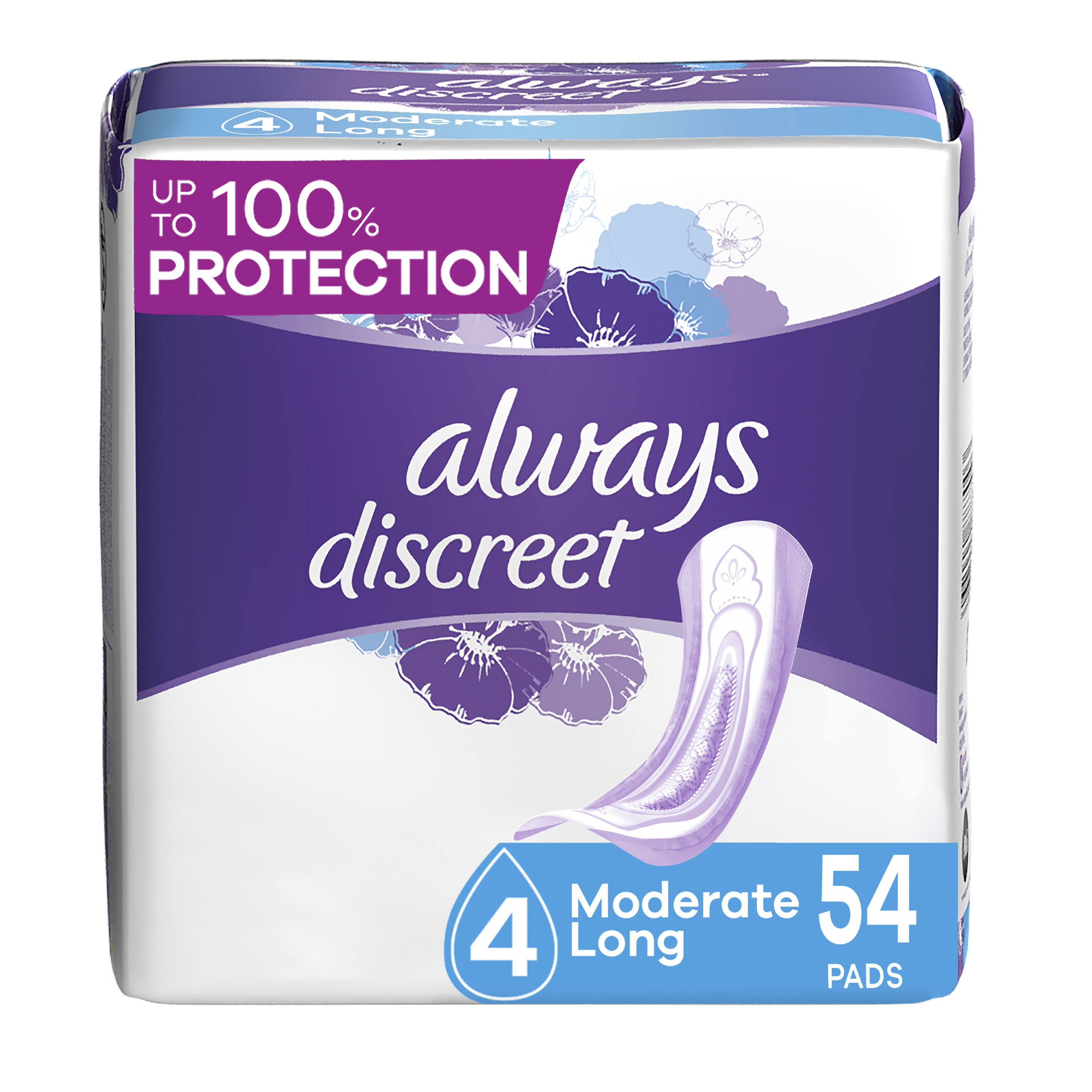 Always Discreet Incontinence Pads for Women, Moderate Long, 54 Count ...
