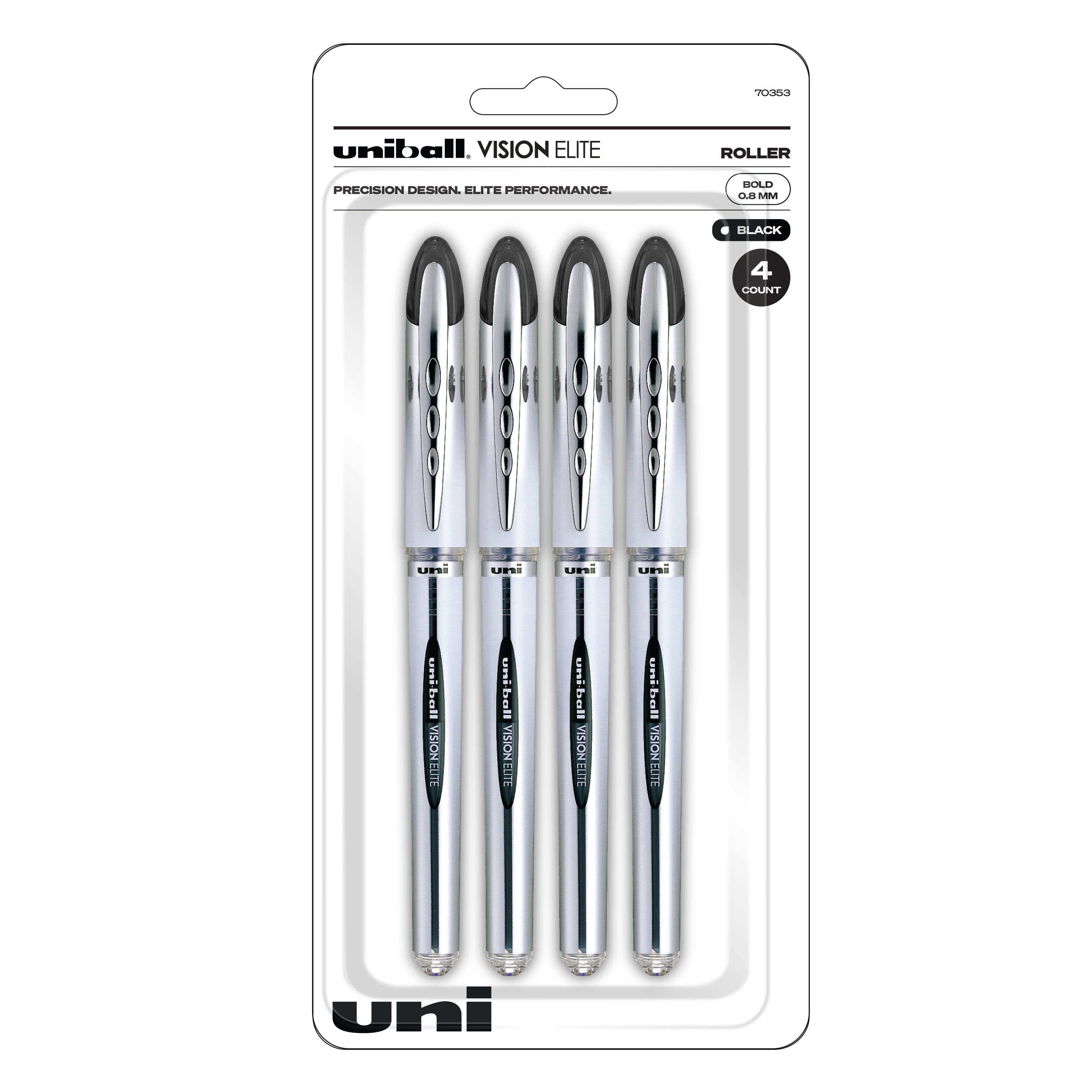 uni Vision Elite Rollerball Pen, Bold Point, 0.8 mm, Black Ink, 4 Count ...