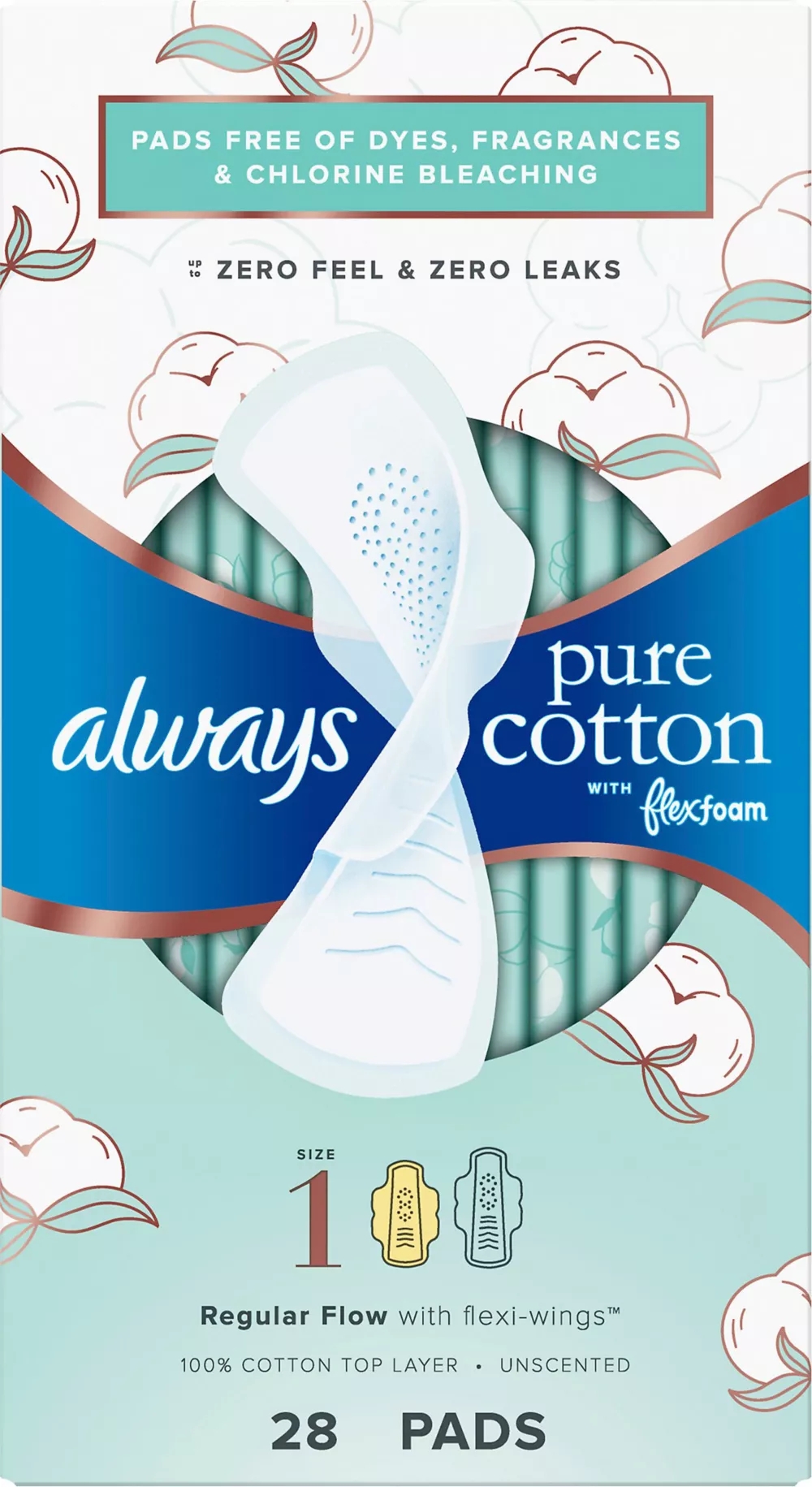 Always Pure Cotton FlexFoam 28-Count Size 1 Regular Unscented Pads with ...