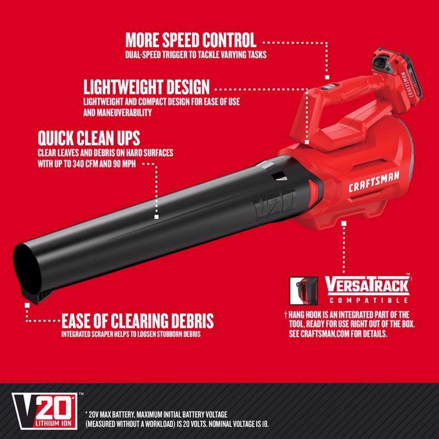 Craftsman V20 CMCBL700D1 90 mph 340 CFM Battery Handheld Blower Kit ...