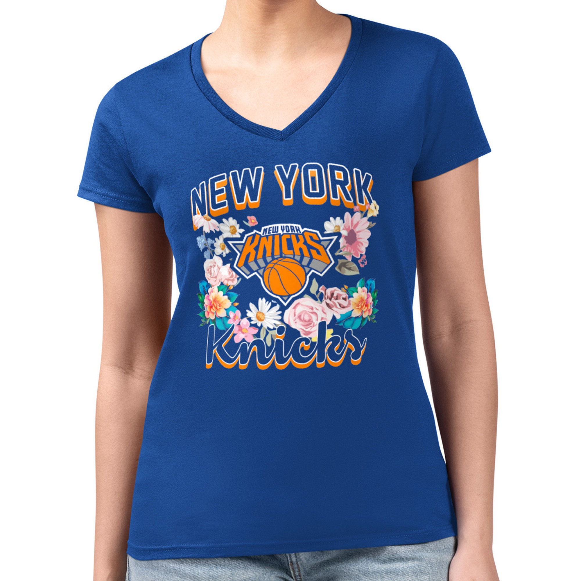 Women's New York Knicks G-III 4Her by Carl Banks Heather Gray Flowers Team Logo Graphic Fitted V ...