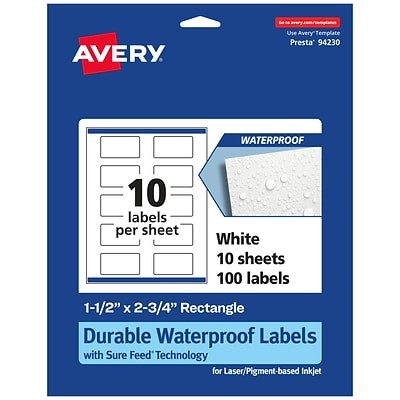 Avery Laser/Inkjet Rectangle Durable Waterproof Labels, 1.5 x 2.75, White, 100 Labels/Pack ...