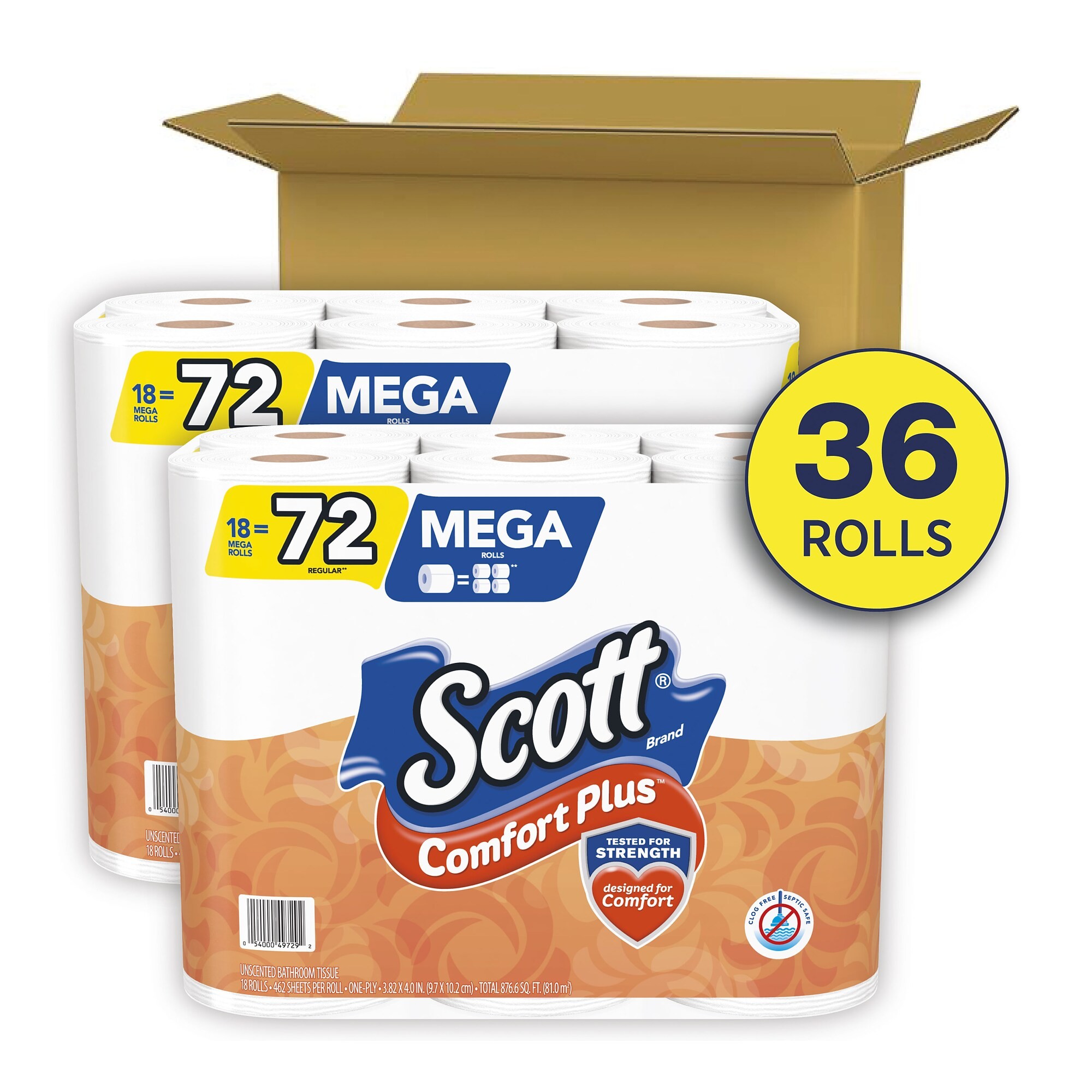 Scott Comfort Plus Toilet Paper, 1-Ply, White, 462 Sheets/Roll, 36 Mega ...