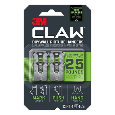 Command 3M CLAW Drywall Hanger, 25 lbs, Silver, 4/Pack (3PH25M4ES ...